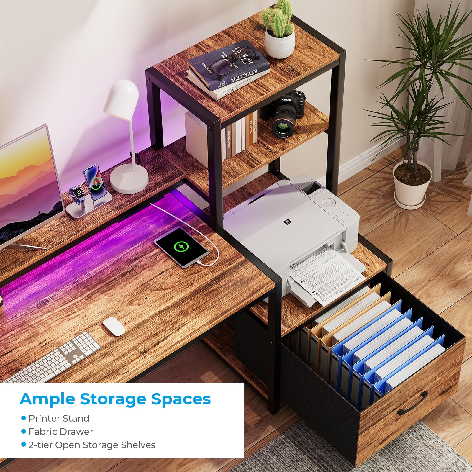 GreenForest Office Desk with Power Outlets and Printer Shelf, 68.8 inch Computer Desk with LED and Drawer, Reversible Gaming Desk with Storage for Home Study Working,Walnut