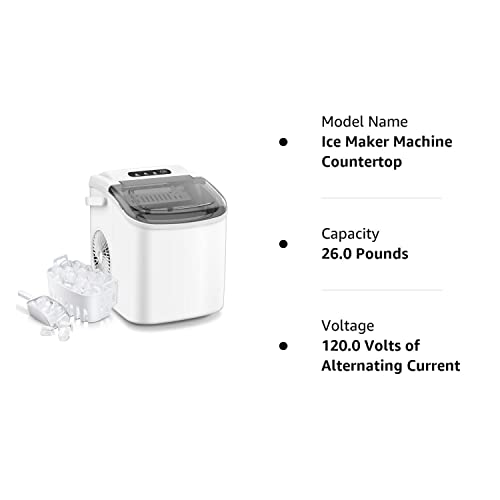 Ice Maker Machine Countertop, 26 lbs in 24 Hours, 9 Cubes Ready in 6 Mins, Self-Cleaning, Portable Ice Maker with Ice Scoop and Basket,White
