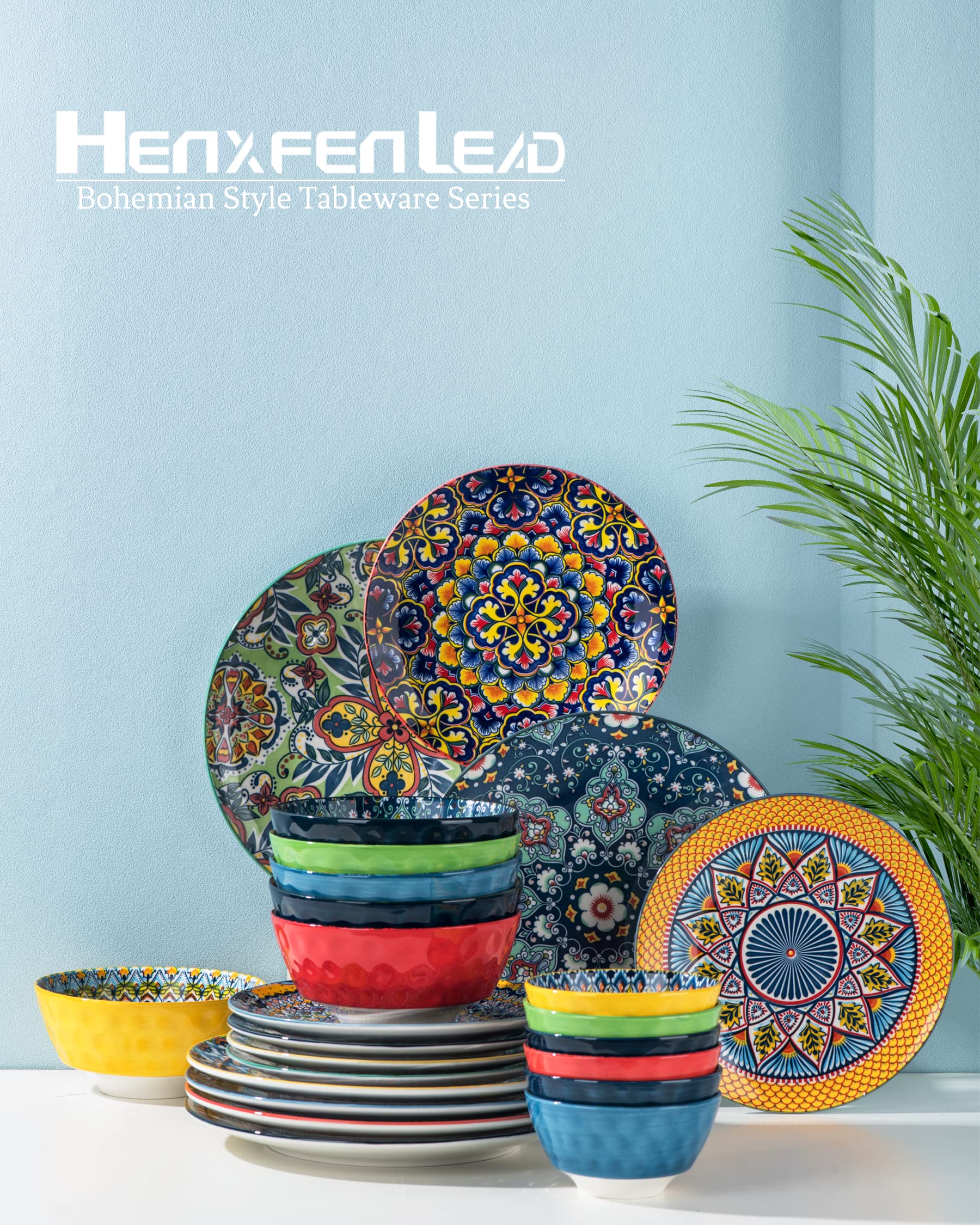 Dessert, Salad Plate Set 8.7 Inch, Colorful Ceramic Plates for Pasta, Appetizer, Snacks - Serving Dishes for Thanksgiving & Christmas, Dishwasher & Microwave Safe, Set of 6 - Bohemian Style