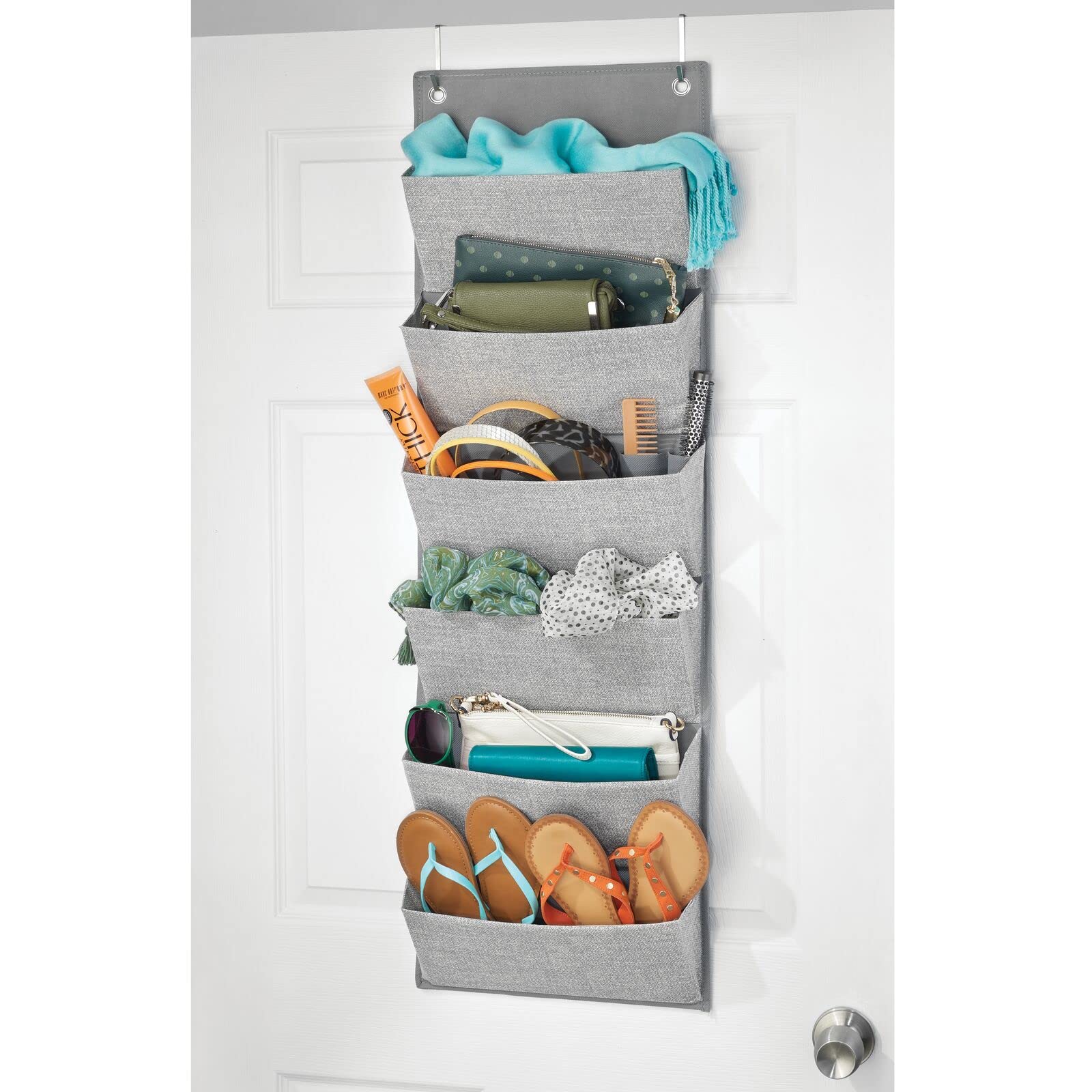mDesign Soft Fabric Over The Door Hanging Storage Organizer with 6 Large Pockets for Closets in Bedrooms, Hallway, Entryway, Mudroom - Textured Print - Hooks Included - Gray