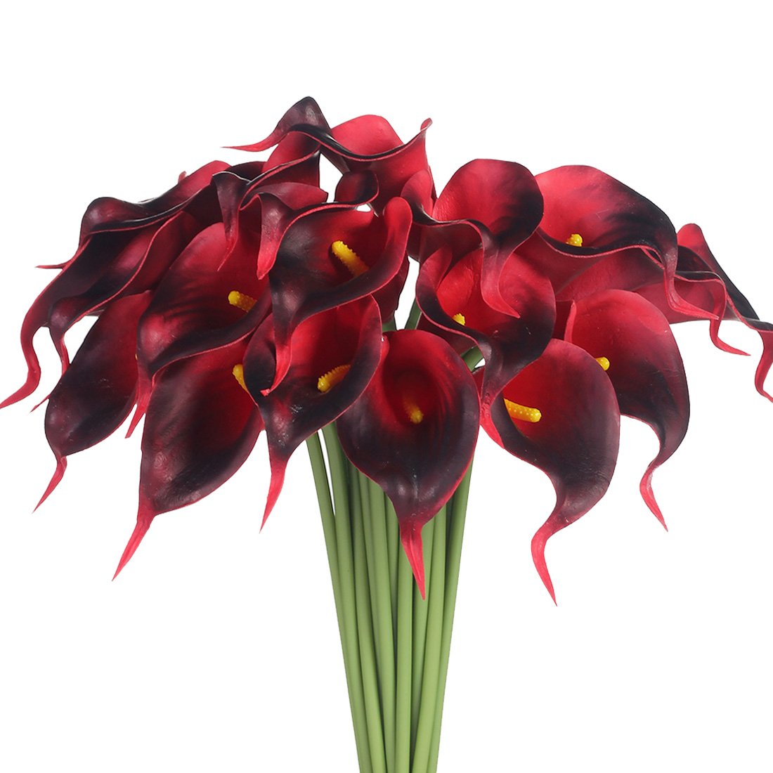 JUSTOYOU 20pcs Artificial Calla Lily 13" Fake White Flowers Wedding Bouquet Real Touch Latex Flower for Bride Wedding Home Decor (Dark Red)