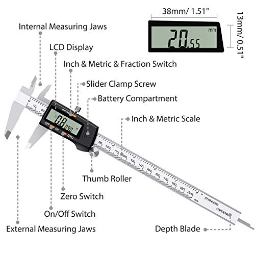 eSynic Digital Vernier Caliper 200 mm/ 8 Inch Stainless Steel Electronic Caliper Fractions/Inch/Metric Conversion Measuring Tool for Length Width Depth Inner Diameter Outer Diameter