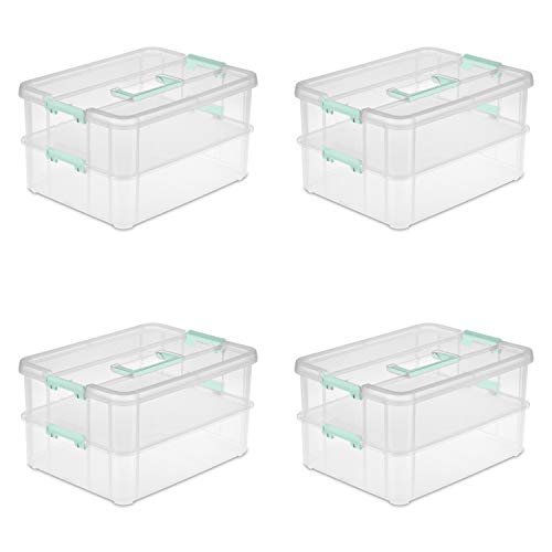 Sterilite Stack & Carry 2 Layer Box Small Storage, Clear, Pack of 4