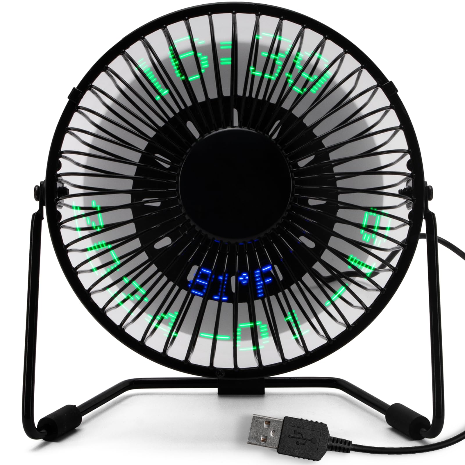 Justup USB LED Fan Portable Desk Fan With Real Time Date and Temperature Display Personal Table Cooling Fan 360°Rotation Durable for Home and Office (Metal Design Low Noise 5 Inch, Black) (SW)