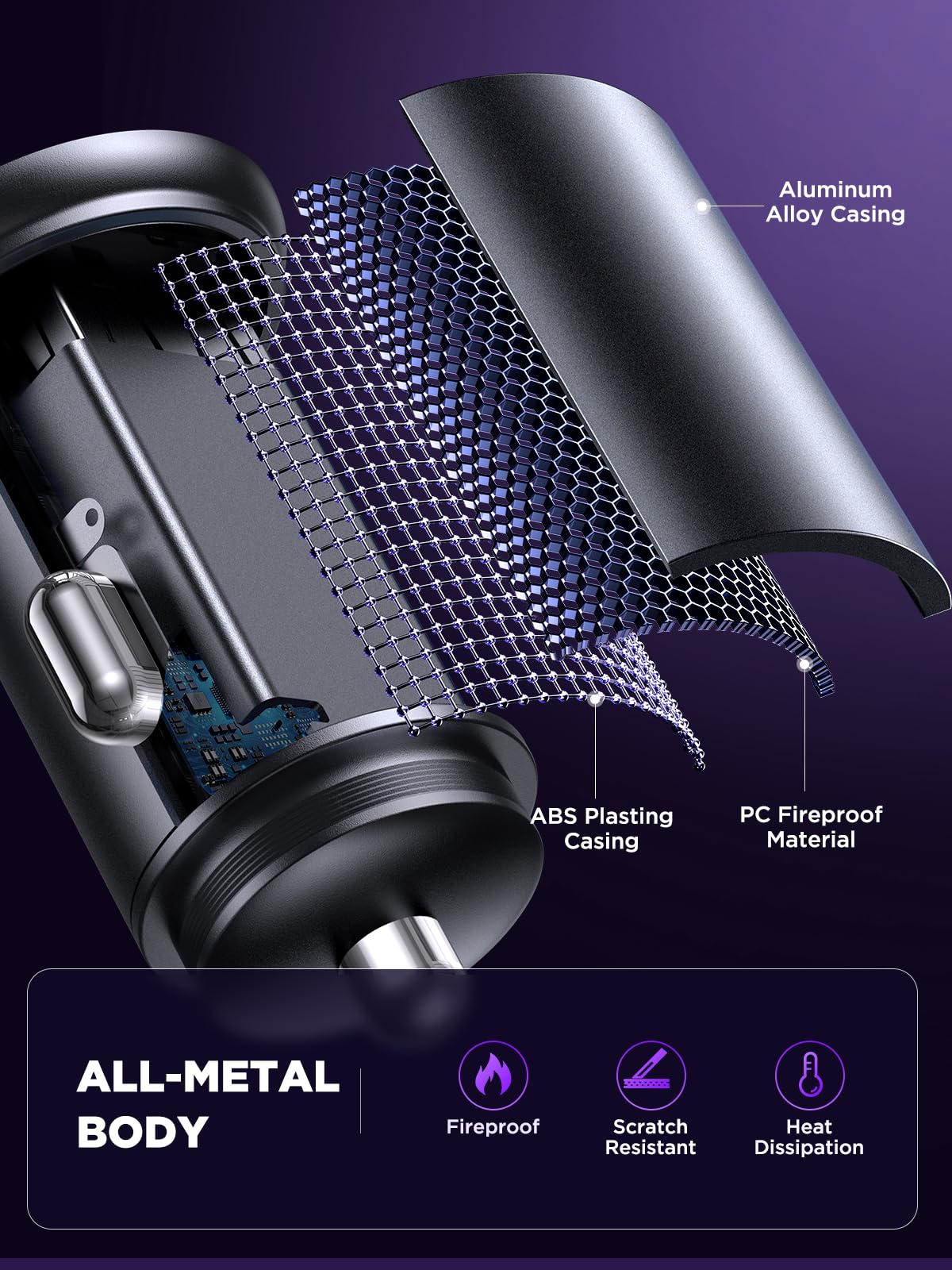 Car Charger,JOYROOM 4.8A Car Phone Charger All Metal, Mini Cigarette Lighter USB Charger with Type C Coiled Cable for iPhone 15 Pro, Dual USB Car Charger Adapter Fast Charge for iPhone/Samsung/Android