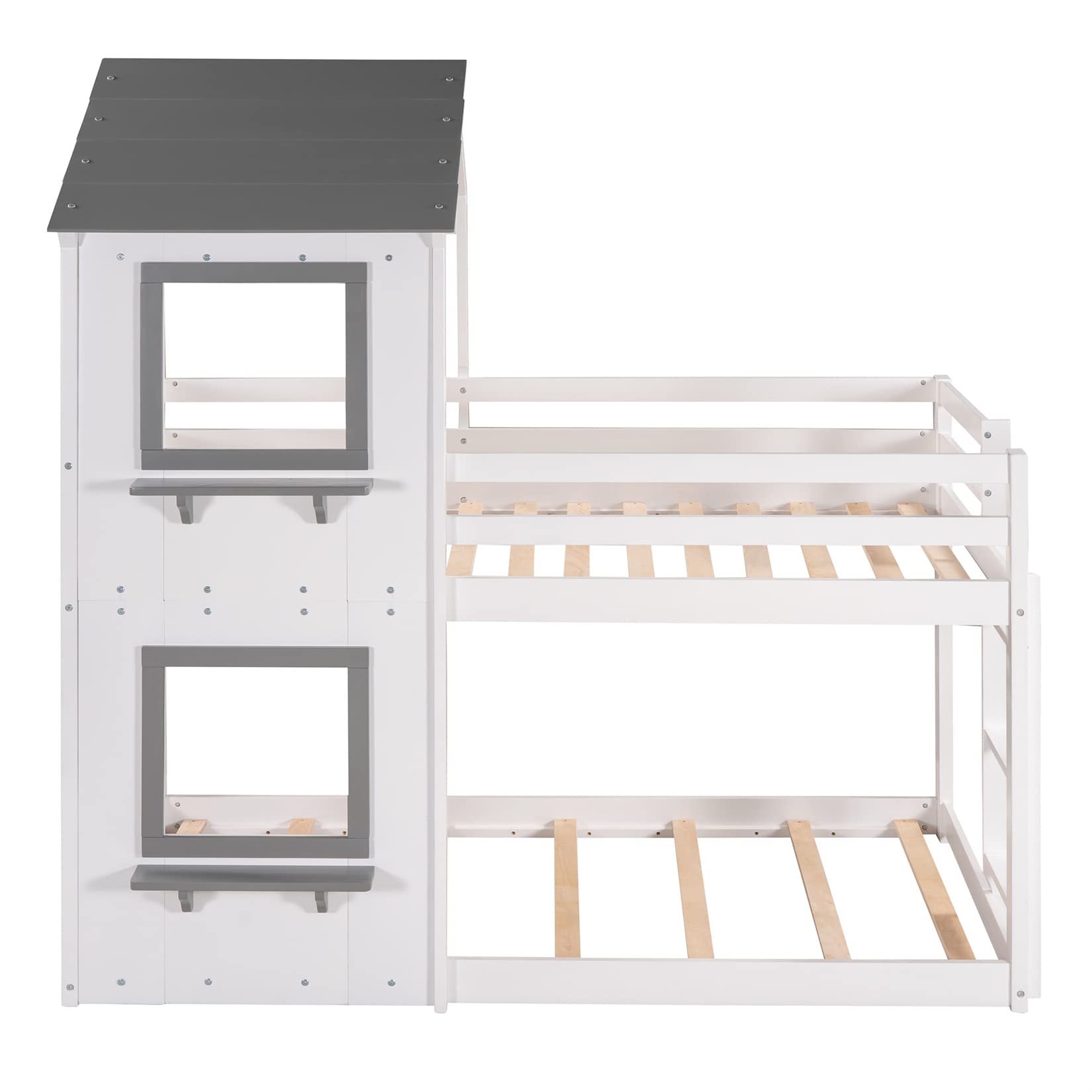 House Bunk Beds, Twin Over Twin Bunk Bed Wooden Floor Bunk Bed Frame for Kids/Teens/Girls/Boys, White