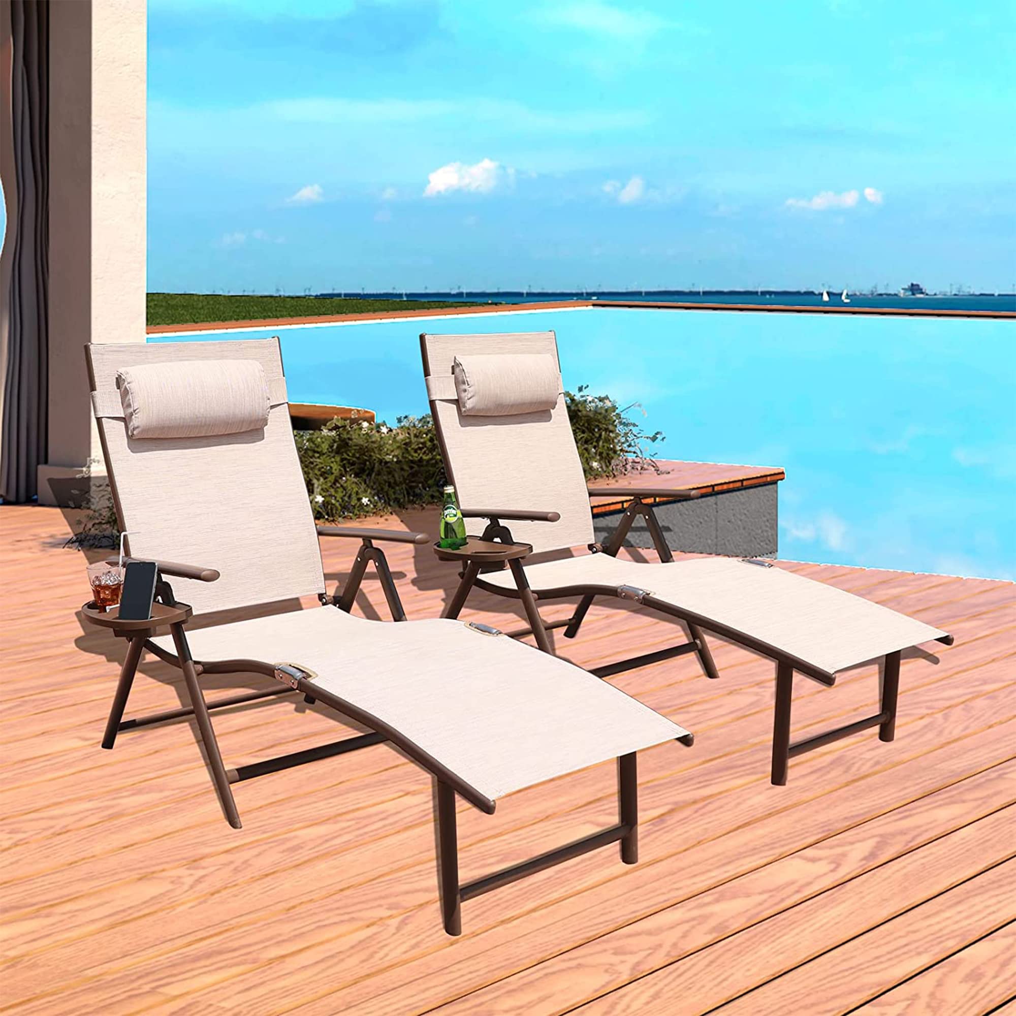 GOLDSUN Aluminum Outdoor Folding Reclining Adjustable Patio Chaise Lounge Chair with Pillow for Poolside Backyard and Beach Set of 2, Set of Two, Beige