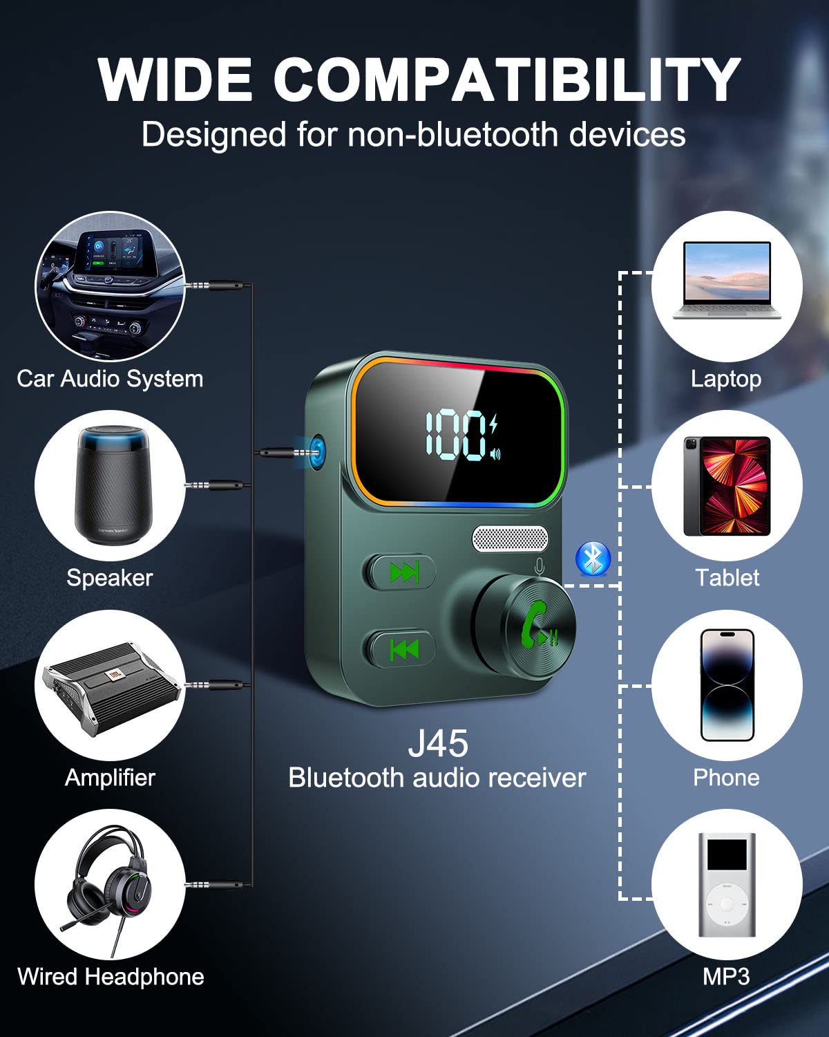Bluetooth 5.3 Aux Receiver for Car, [Upgraded Enhanced Mic & LED Display] Bluetooth Car Adapter,Wireless Audio Receiver for Car/Home Stereo/Wired Headphones/Speaker,Hands-Free Call