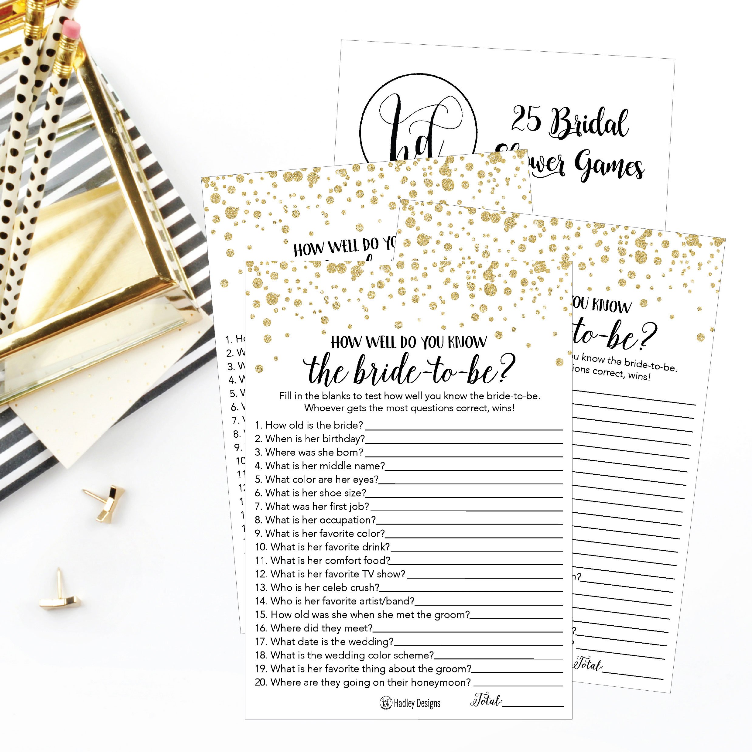 Hadley Designs 25 Black and Gold How Well Do You Know The Bride to be Bridal Wedding Shower or Bachelorette Party Game, Couples Guessing Question Set of Cards Pack, Printed Engagement