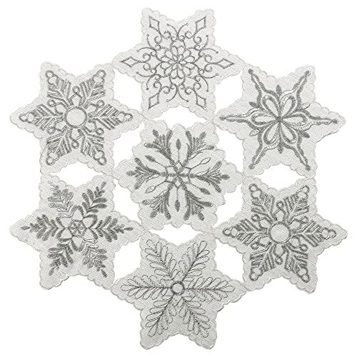 OWENIE Christmas Placemats Set of 4, Metallic Embroidered Cutwork Silver Snowflakes Round Placemats for Dinging Table, Luxury Holiday Tabletop Collections, Winter Table Mats (4pcs, 15 inches Round)