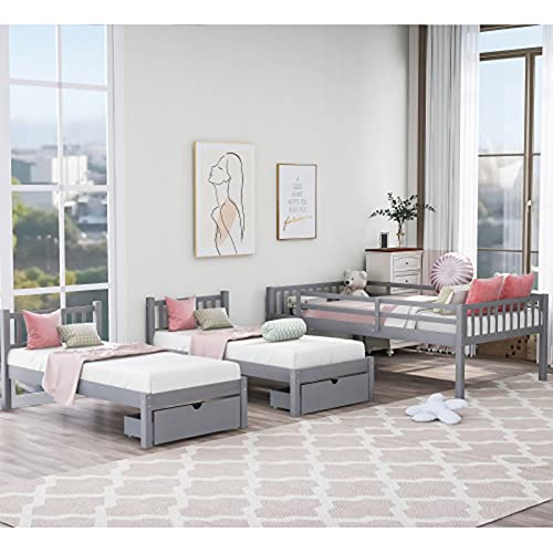 MOOLO 3-1 Full Over Twin, Twin Bunk Bed, Wood Triple Bunk Bed with Drawers and Guardrails for Kids Teens Adults(Color:Gray)