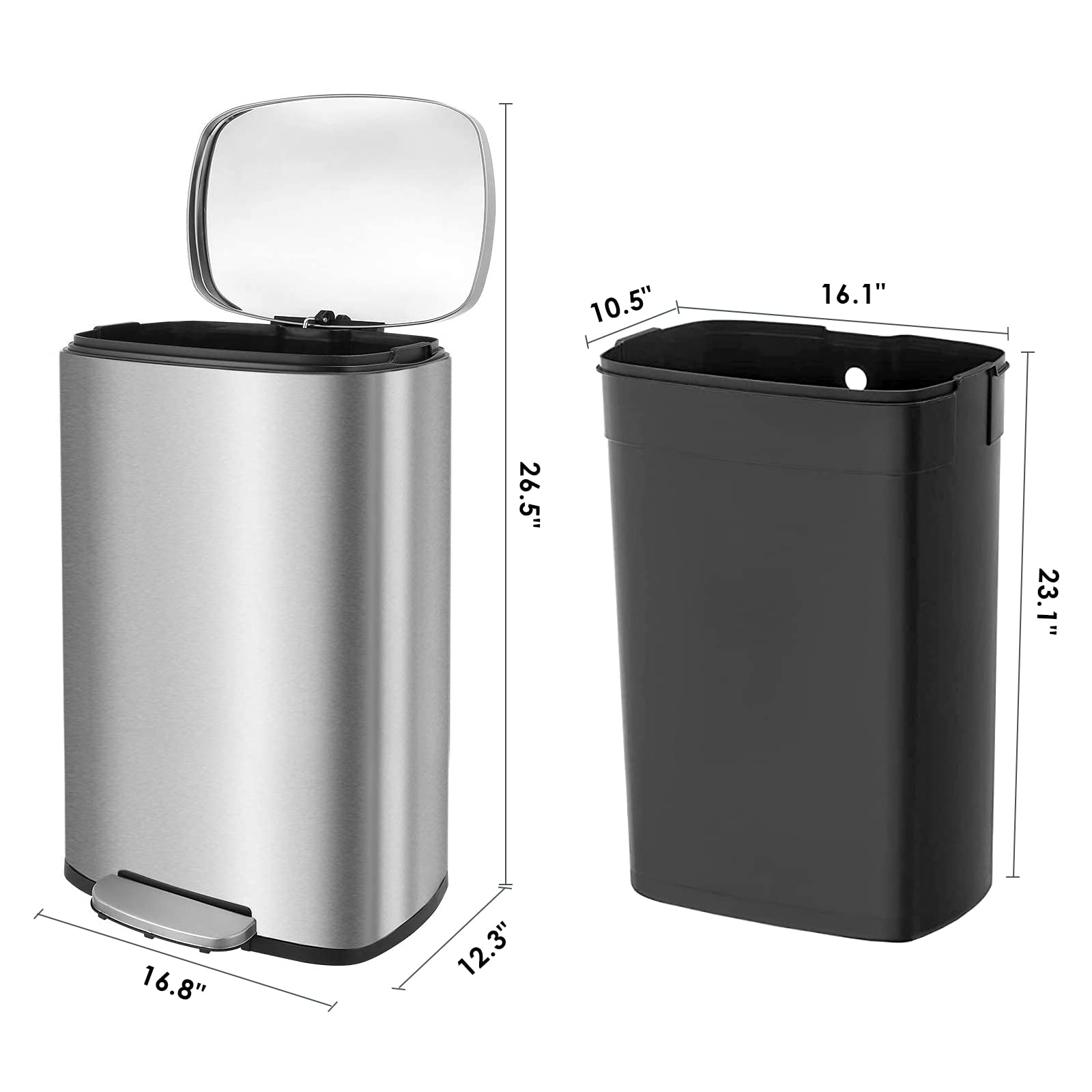 Increkid 13.2 Gallon Trash Can, Stainless Steel Kitchen Garbage Bin with Inner Buckets and Hinged Lid, Rectangular Step on Dustbin, Soft-Close, Airtight for Home Office Bathroom Mall(50 L) (Silver)