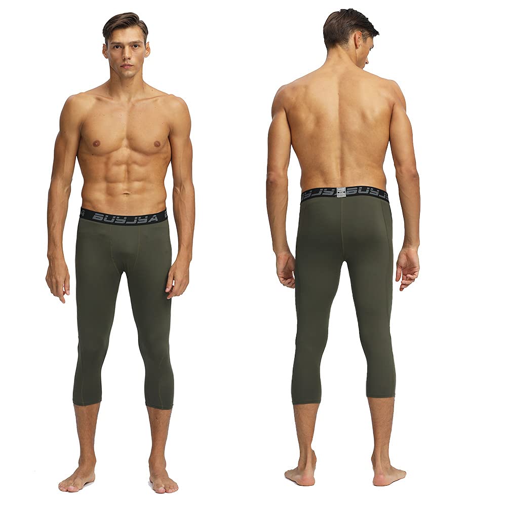 BUYJYA 3 Pack Men's 3/4 Compression Pants Running Tights Workout Leggings Athletic Cool Dry Yoga Gym Clothes (M, Blue-army Green-black, m)
