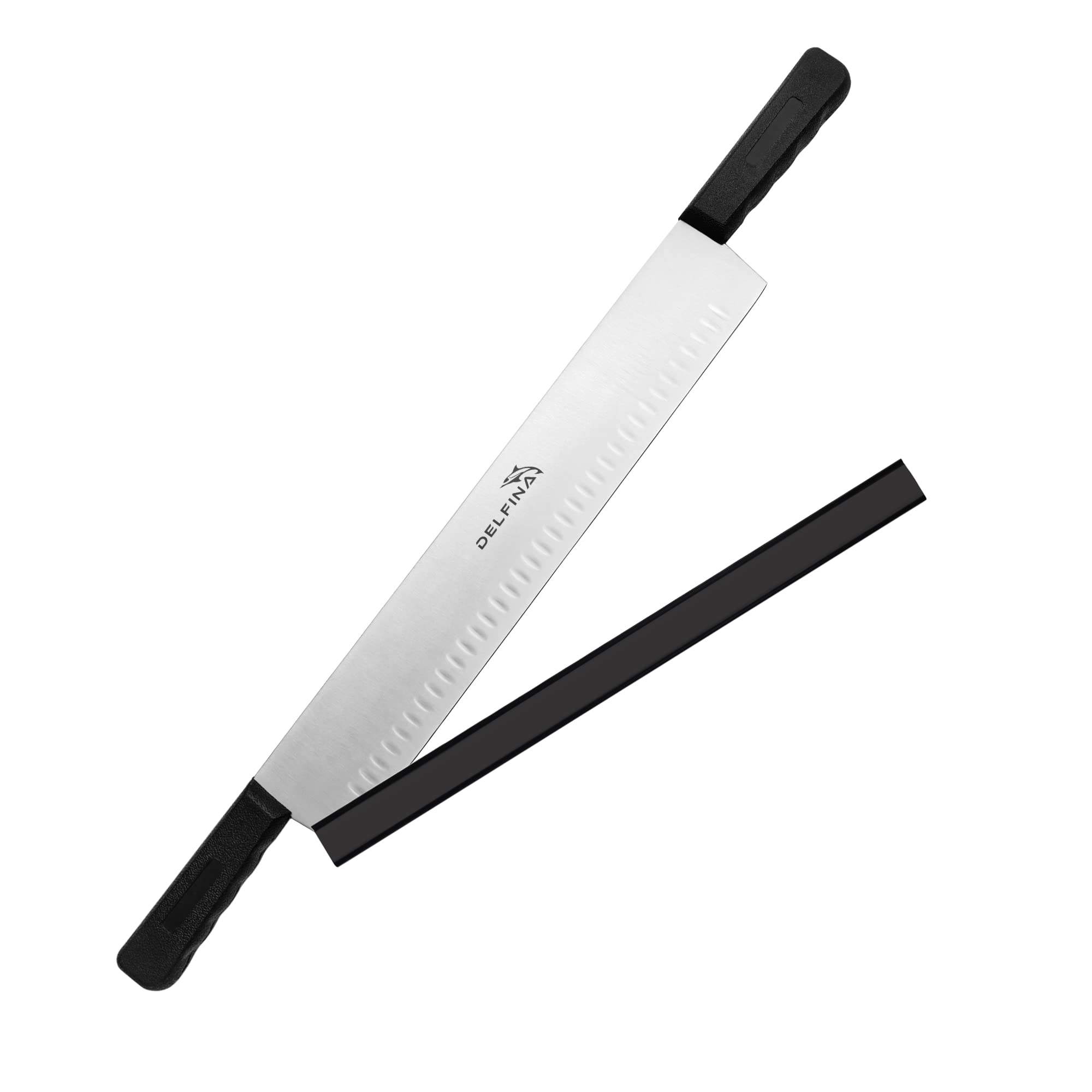 DELFINA 15 Inch Double Handle Cheese Knife with Blade Protector, Stomatal Blade with 5" Plastic Comfortable Handles, Cheese Knife for Cheese,Cakes,Vegetables,Butter,Soaps
