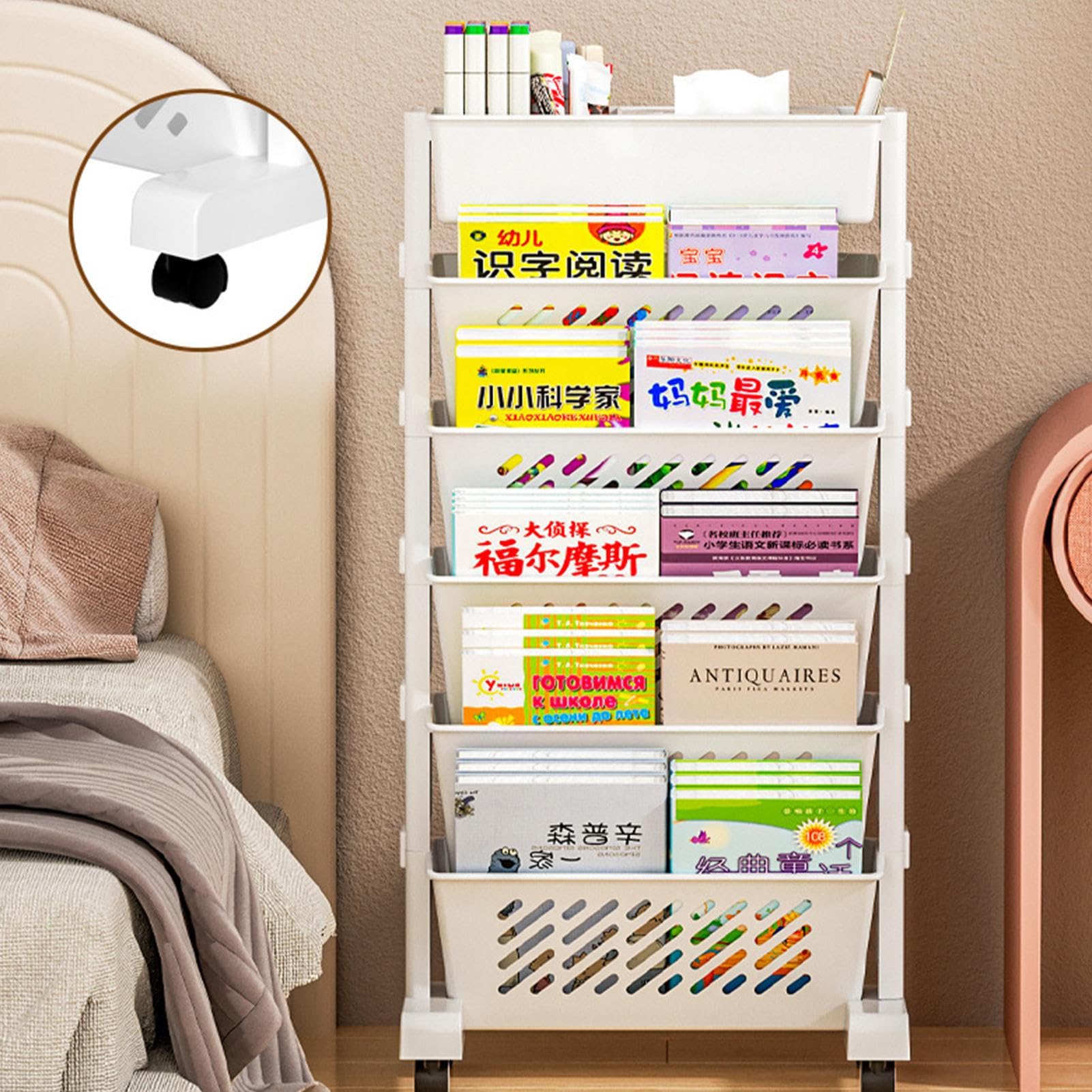 Bookshelf with Wheels, 6 Tier Movable Bookcase Organizer, Rolling Bookcase Organizer, Space Saving Mobile Bookshelf, Multiple Storage Wheeled Shelf, Mobile Book Storage Unit for School Classroom Home