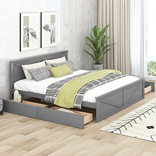 BOVZA King Size Wooden Platform Bed Frame with Headboard and 4 Storage Drawers, Wood Support Slats, No Box Spring Needed, Gray