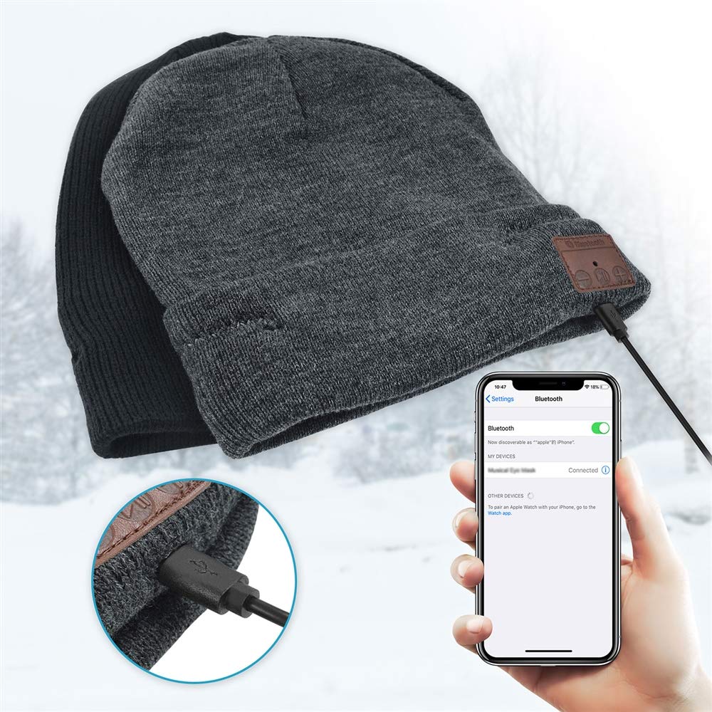 Bluetooth Beanie Hat, Flashmen Upgraded Wireless Bluetooth 5.0 Beanie Hat with Headphones Headset Earphone Knitted Beanie with Stereo Speakers and Mic for Women Men