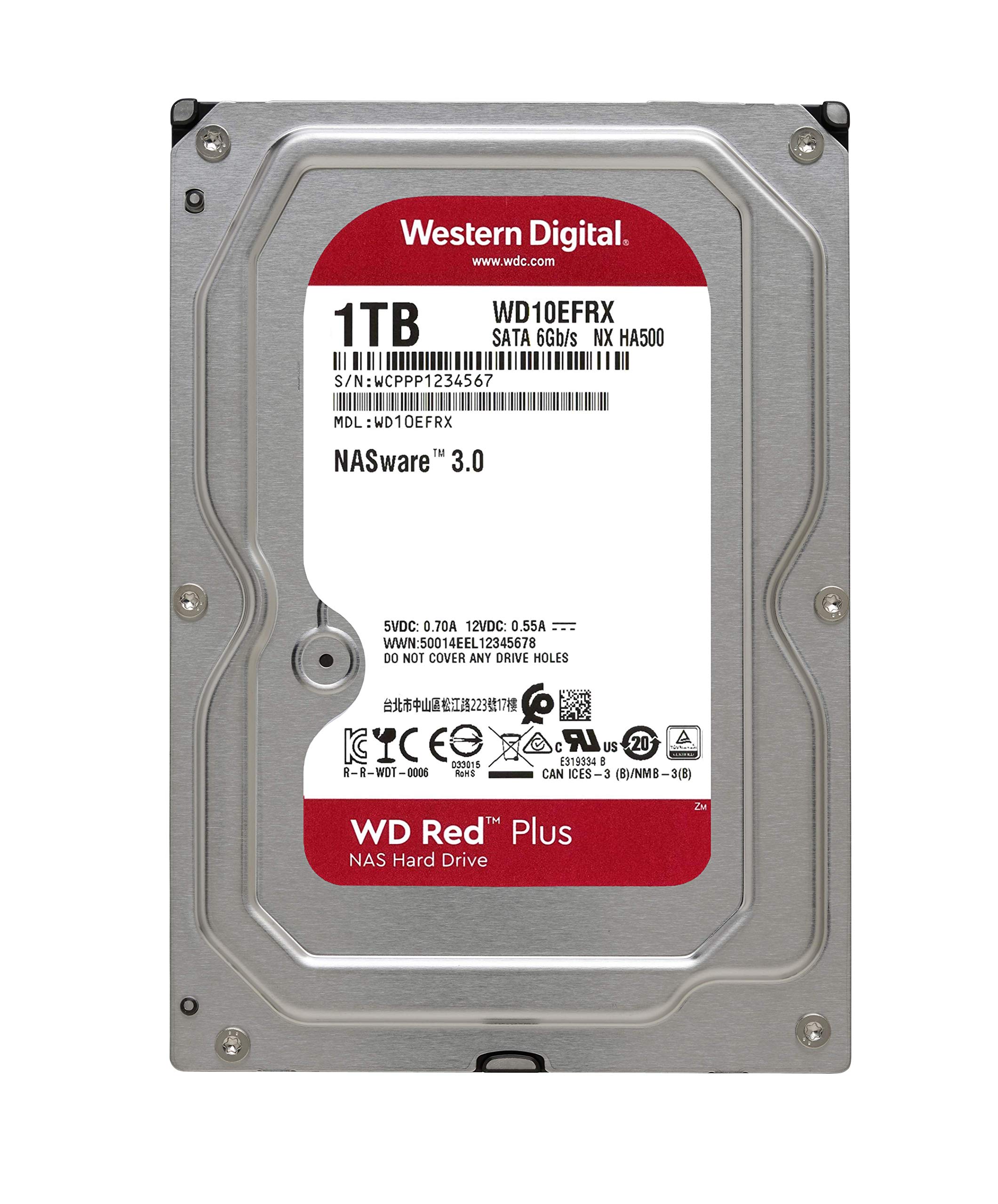 Western Digital 1TB WD Red Plus NAS Internal Hard Drive HDD - 5400 RPM, SATA 6 Gb/s, CMR, 64 MB Cache, 3.5" - WD10EFRX
