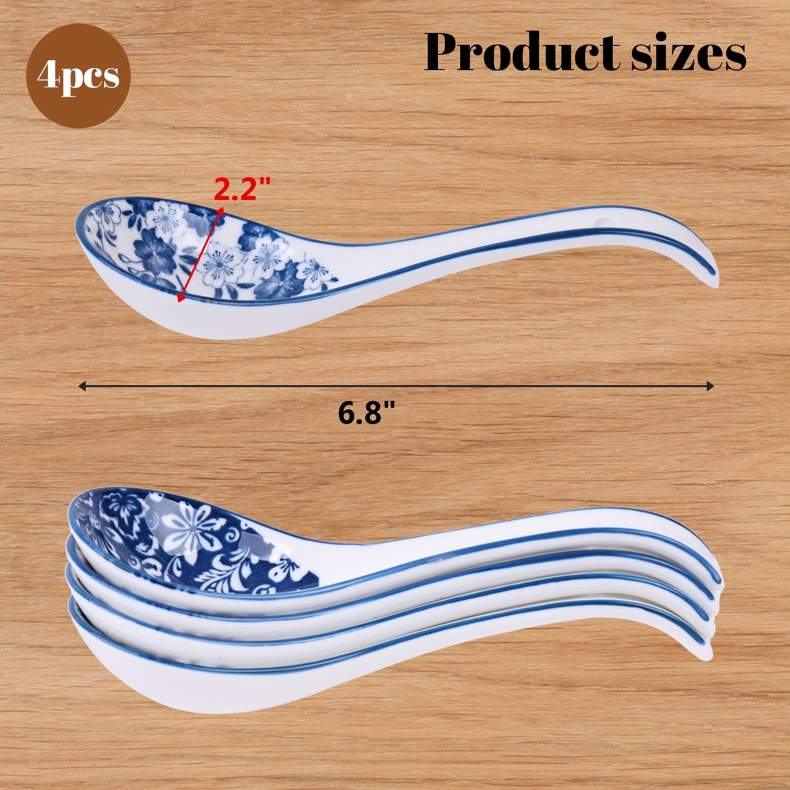 HAKSEN Asian Soup Spoon, Japanese Ramen Spoons with Long Handle for Chinese Vietnamese Wonton Dumplings Pho Noodle Soup Miso Soup Tomato Bisque, 4 PCS 6.8 Inches