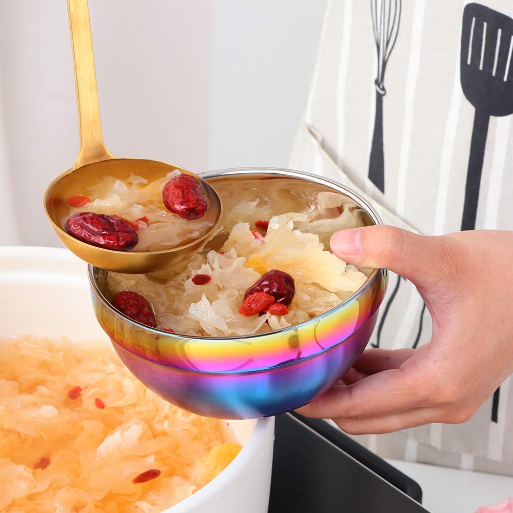 dongbo Stainless Steel Cereal Bowls: Metal Soup Bowl Sets of 6 - Double Walled Insulated Large Serving Rice Bowl - Unbreakable Deep Bowls for kitchen 340 ml Appr. Rainbow