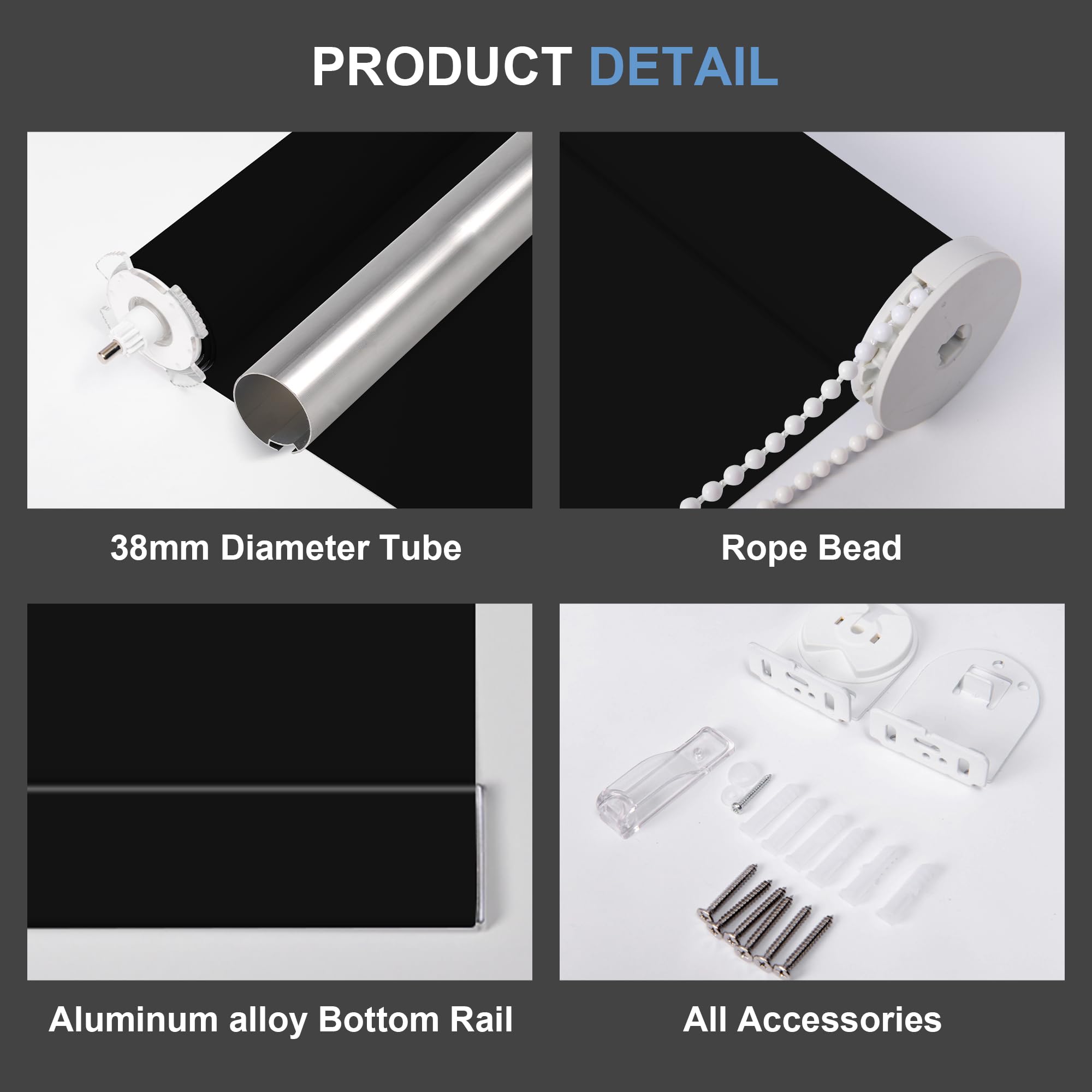 Boolegon Blackout Roller Shades for Window, Custom Roller Blinds UV Protection Thermal Insulated Pull Down Room Darkening Shades for Home Office Bedroom Kitchen, Easy Install, black,80" W x 64" H
