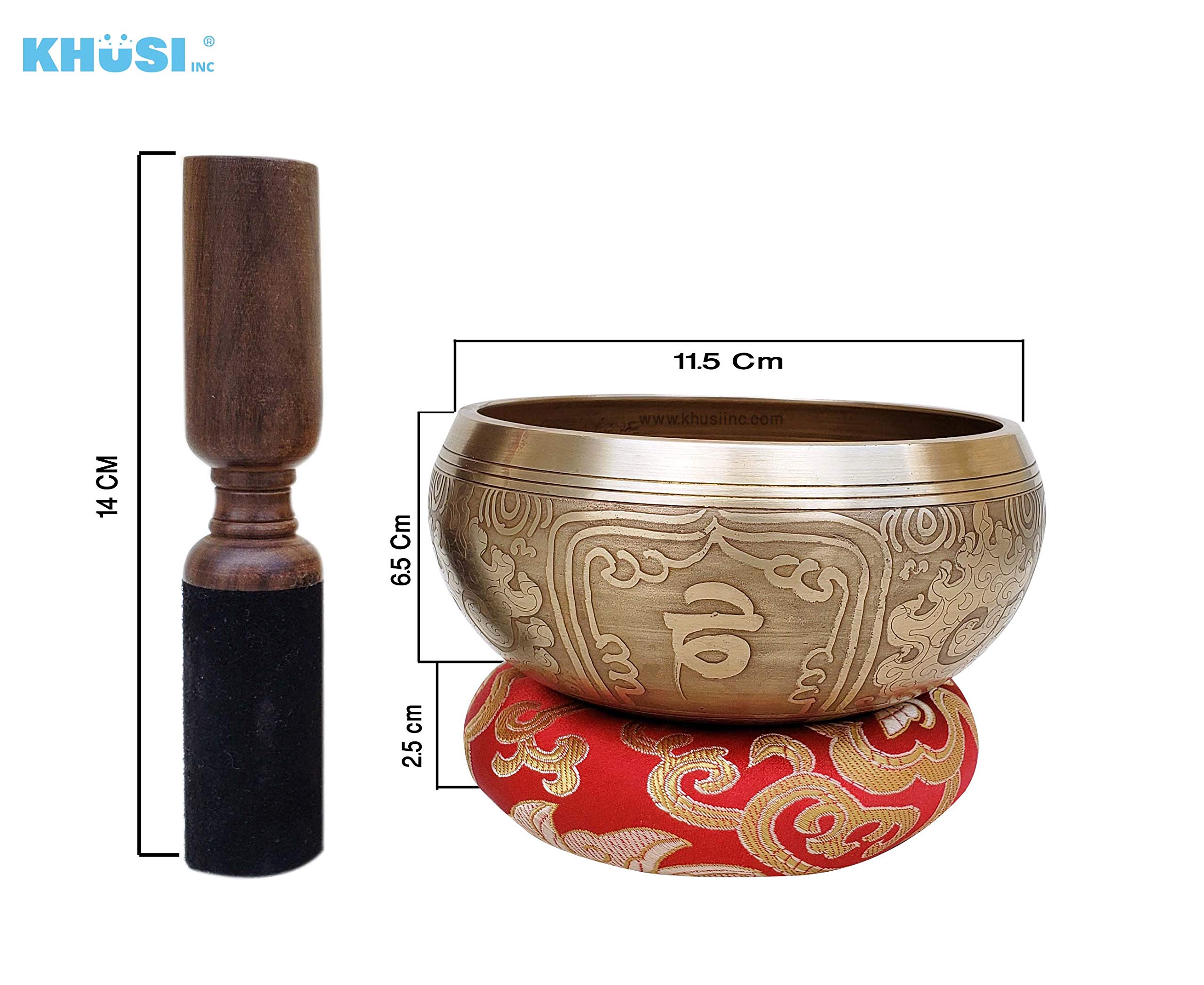 Khusi 4.5 Inch Tibetan Singing Bowl, Wisdom Eye Mantra Engraved Chakra Bowl Sound Bowl w/Silk Cushion, Leather Wrap Mallet and Carry Pouch, Hand Hammered Made in Nepal