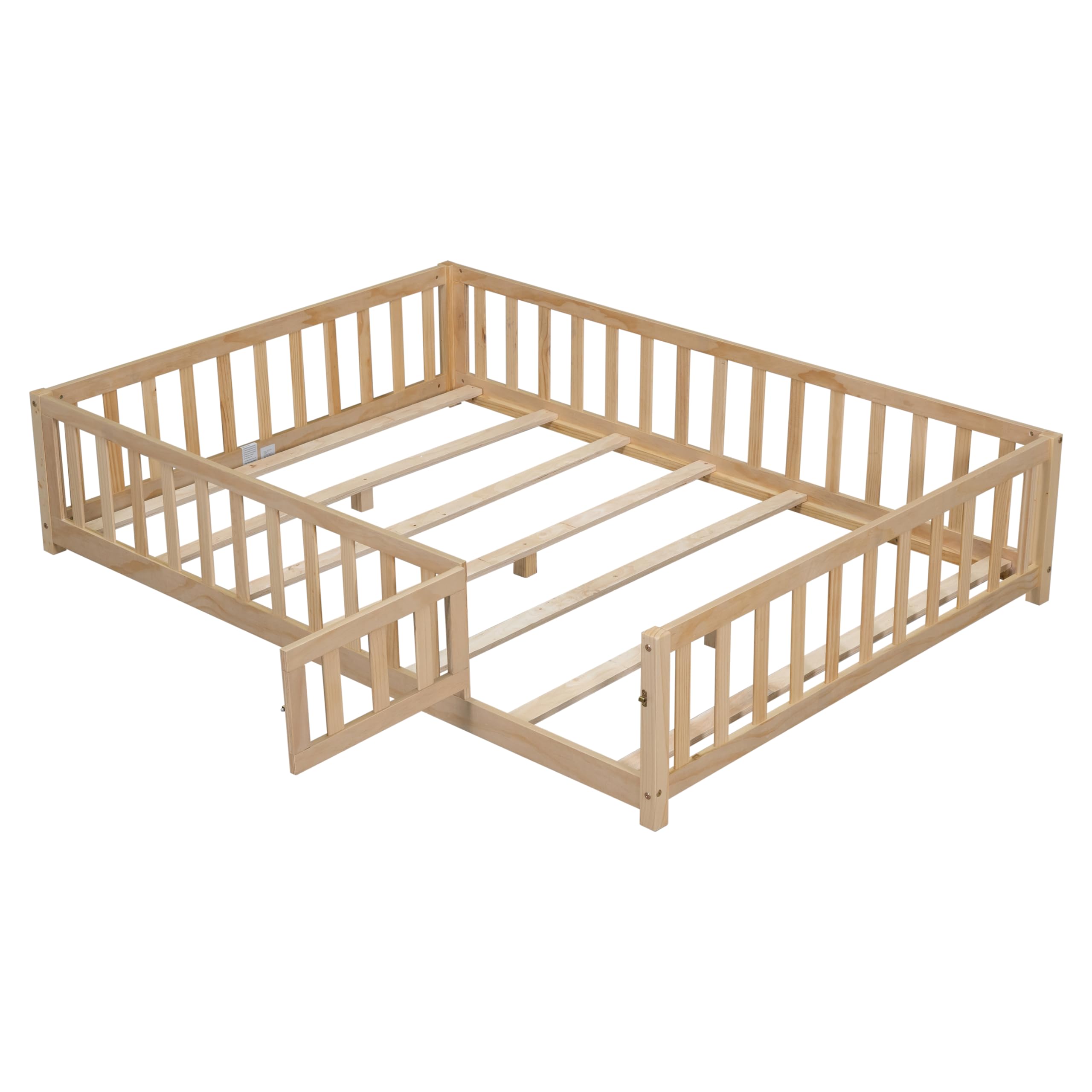 Harper & Bright Designs Floor Bed Full Size Montessori Bed Frame with Fence and Door, Wooden Full Platform Bed for Kids, Boys Girls, Slats Included, No Box Spring Needed, Natural