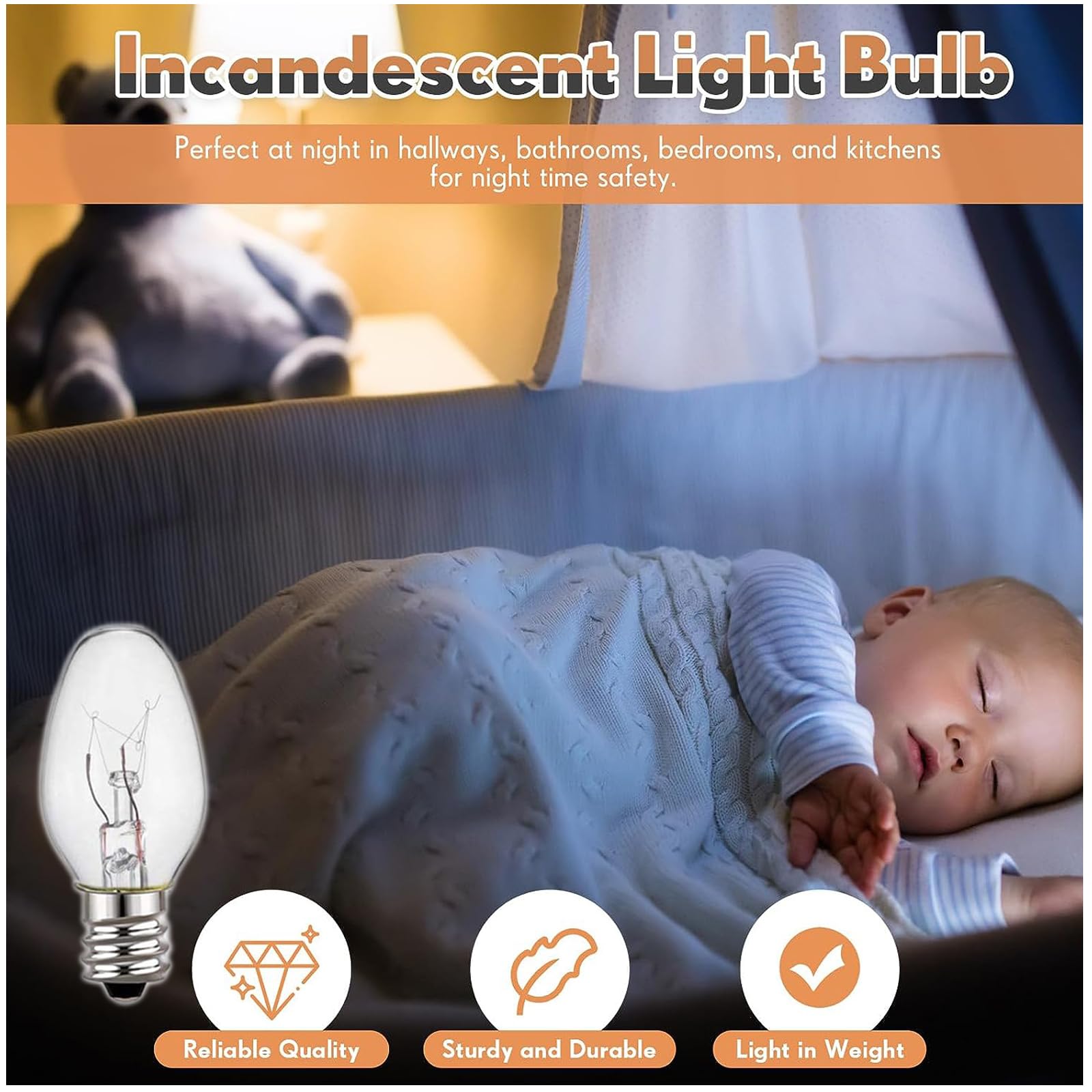 C7 Night Light Bulb 4 Watt,E12 Candelabra Base, 15 Lumens,Incandescent Light Bulb, Clear, Soft White - 12 Pack