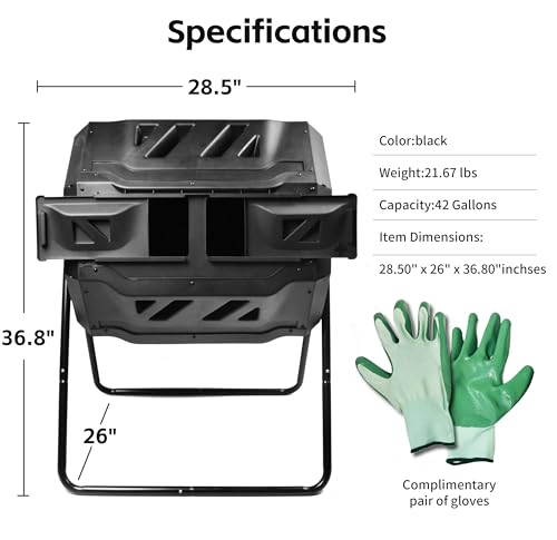MaxWorks 50891 Compost Tumbler Bin Composter Dual Chamber 42 Gallon, Bundled with Gloves