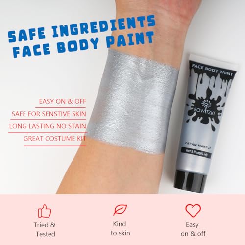 Bowitzki Face and Body Paint 2oz Cream Makeup 60ml Water Based Face Painting Special Effects For Adults Children Kids Halloween Christmas Party Stage Cosplay (Silver)