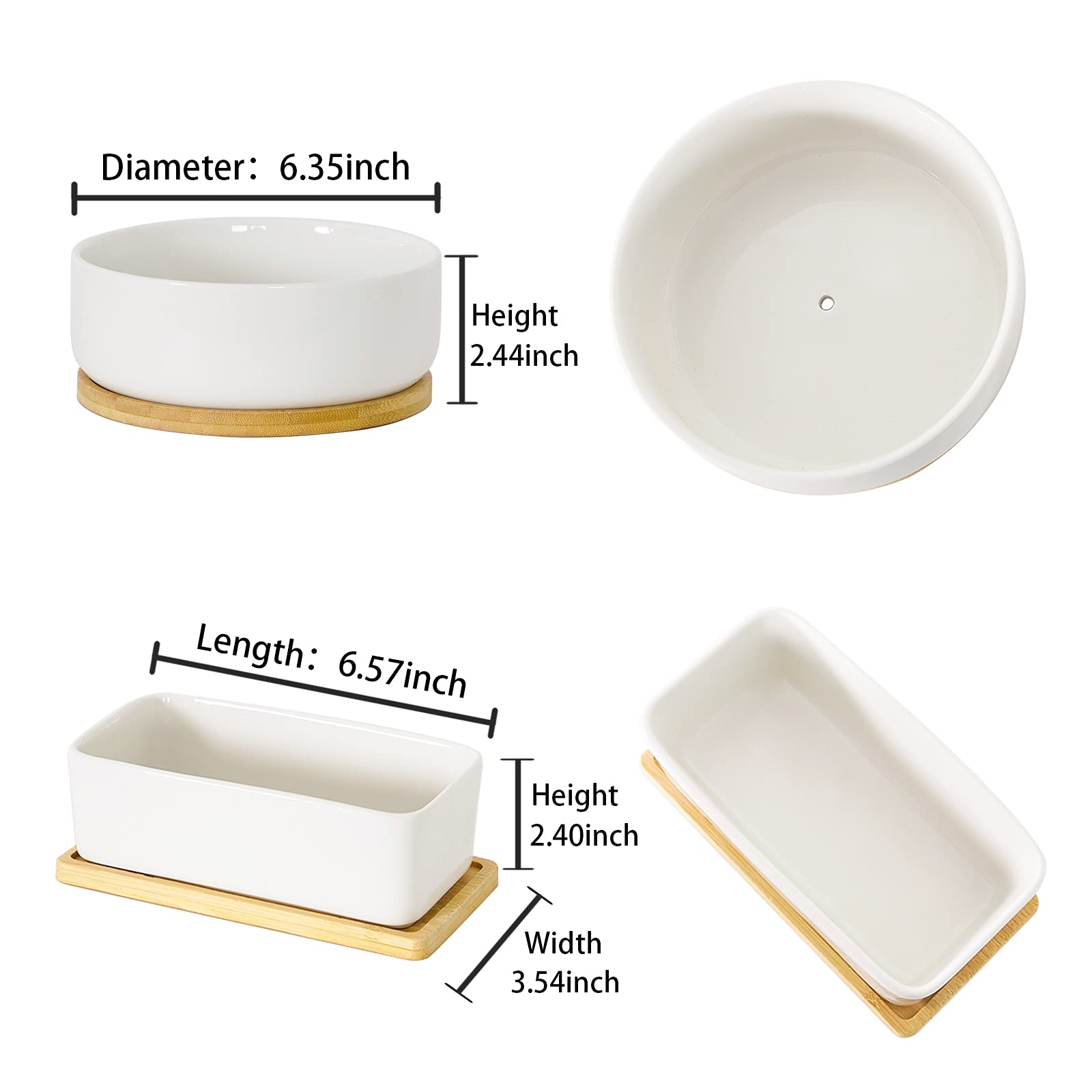 Fengson Succulent Pots, White Ceramic Flower Succulent Planters Pot with Bamboo Tray, 1 Rectangle Flower Pot + 1 Round Flower Pot 6.5" Drainage Hole for Cactus Herb Home