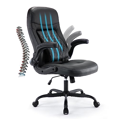 chizzysit Ergonomic Executive Office Chair with Airbag Lumbar Support,Comfortable Leather Office Desk Chair with Flip-up Arms,Computer Desk Chairs with Wheels,Home Office Desk Chairs