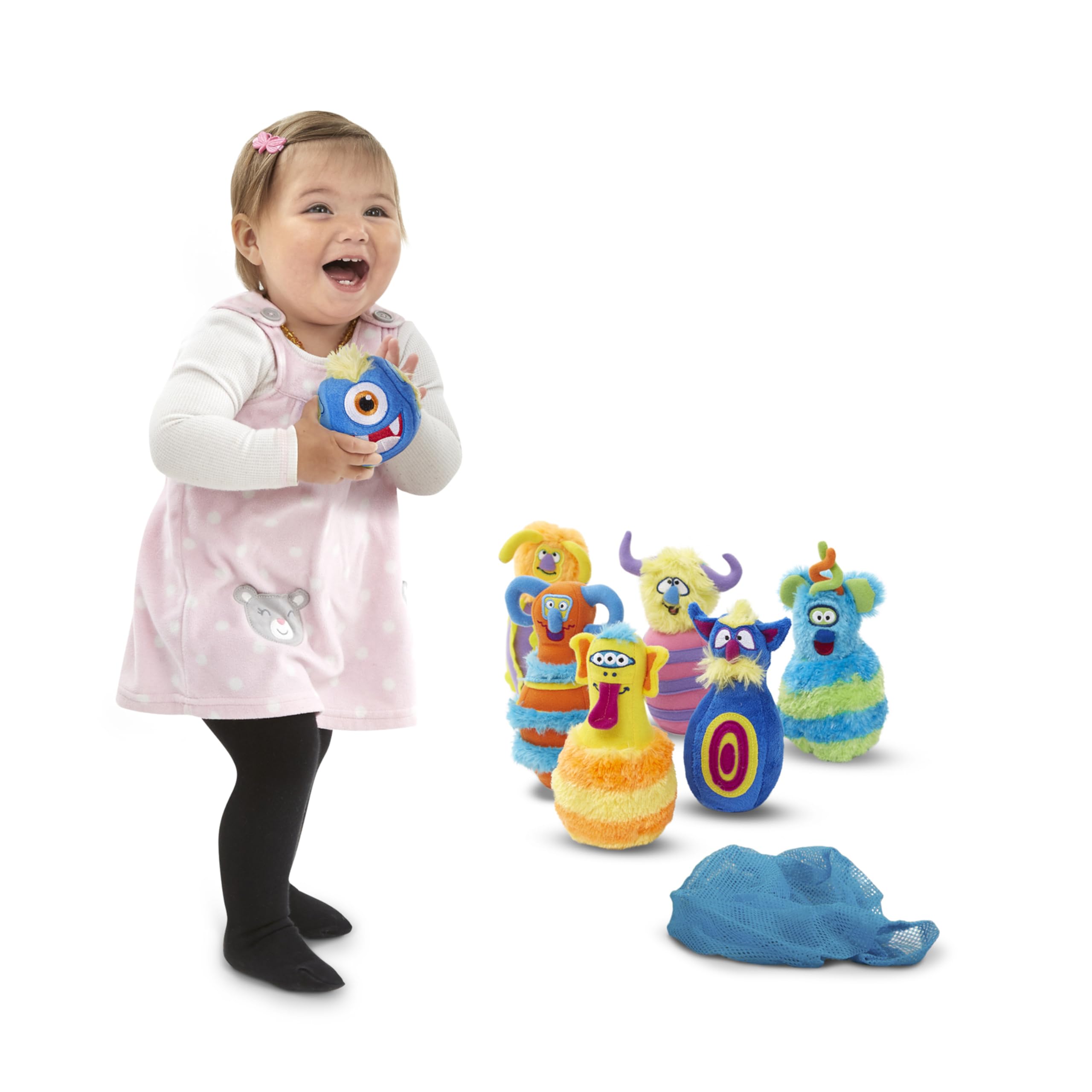 Melissa & Doug Fuzzy Monster Bowling Pins & Ball With Mesh Storage Bag (8-Piece Set) - Toddler Plush Indoor Bowling Set, Monster Bowling Set For Toddlers And Kids Ages 2+