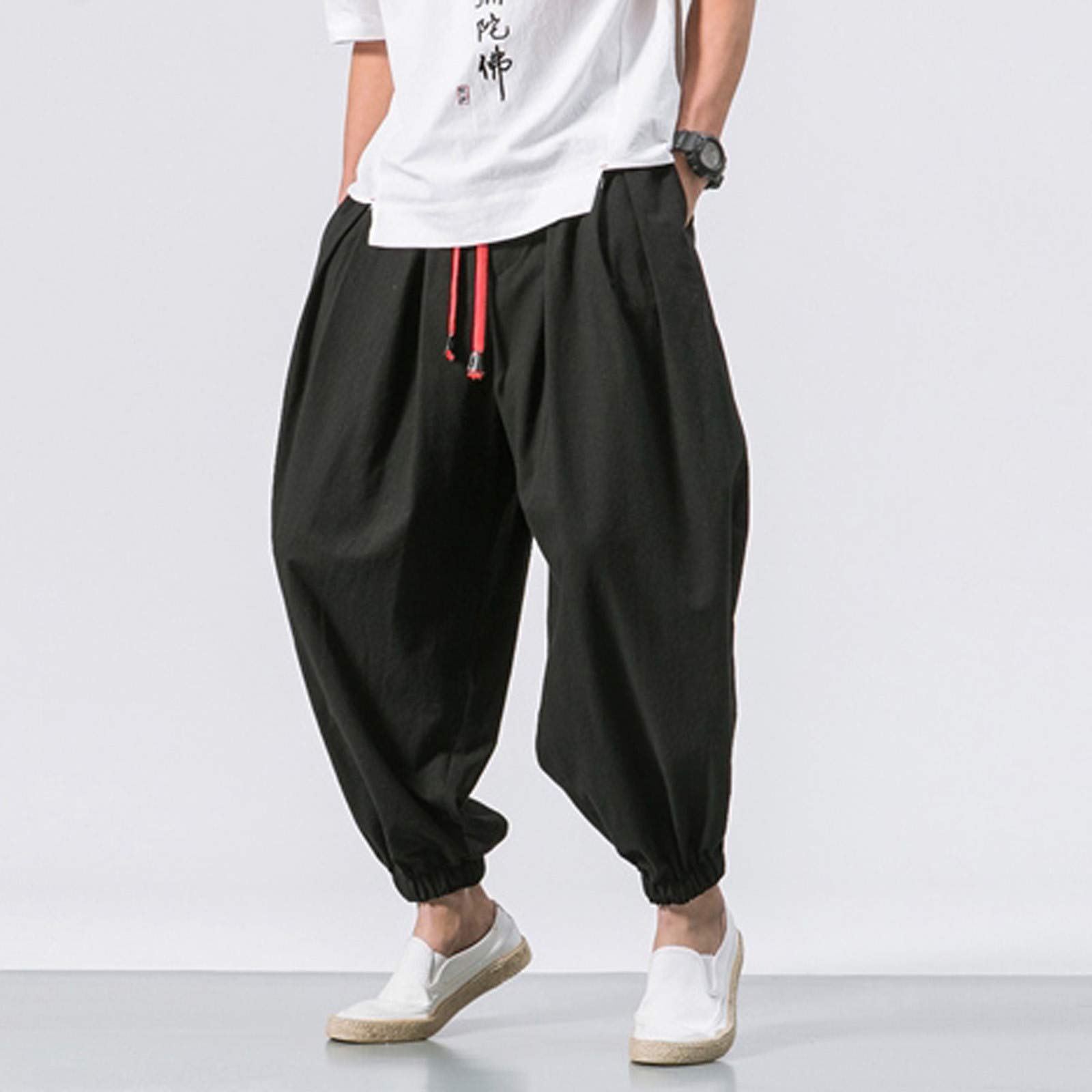 Casual Baggy Harem Pants for Men Trendy Oversized Drawstring Cotton Linen Boho Yoga Pants with Pockets Joggers Sweatpants Black