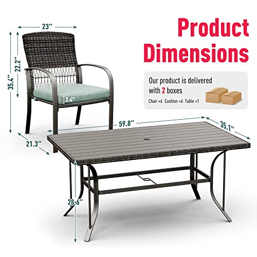 Pamapic Patio Dining Table Set, Garden Dining Set 7 Piece, Outdoor Wicker Furniture Set for Backyard Garden Deck Poolside/Iron Slats Table Top, Removable Cushions(Green)