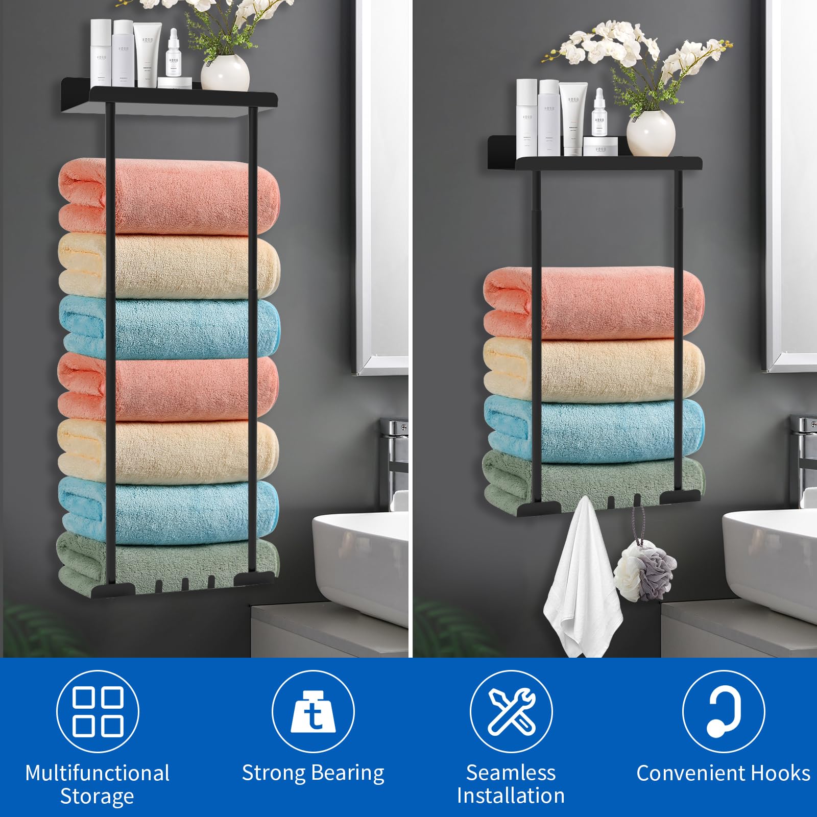 Filta Towel Rack with Shelf for Bathroom Wall Mounted,Retractable Height Metal Bath Towel Rack with Reliable Hooks Storage for Rolled Towel(Black)