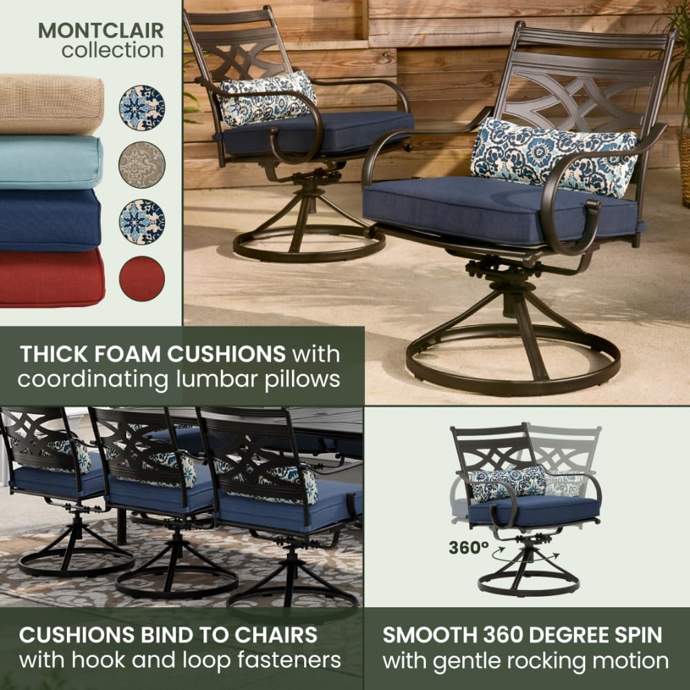 Hanover Montclair 9-Piece Outdoor Dining Set, 8 Swivel Rocker Chairs with Comfortable Seat and Lumbar Cushions, 84"x42" Stamped Rectangle Table, All-Weather Patio Dining Set for 8 for Backyard, Patio