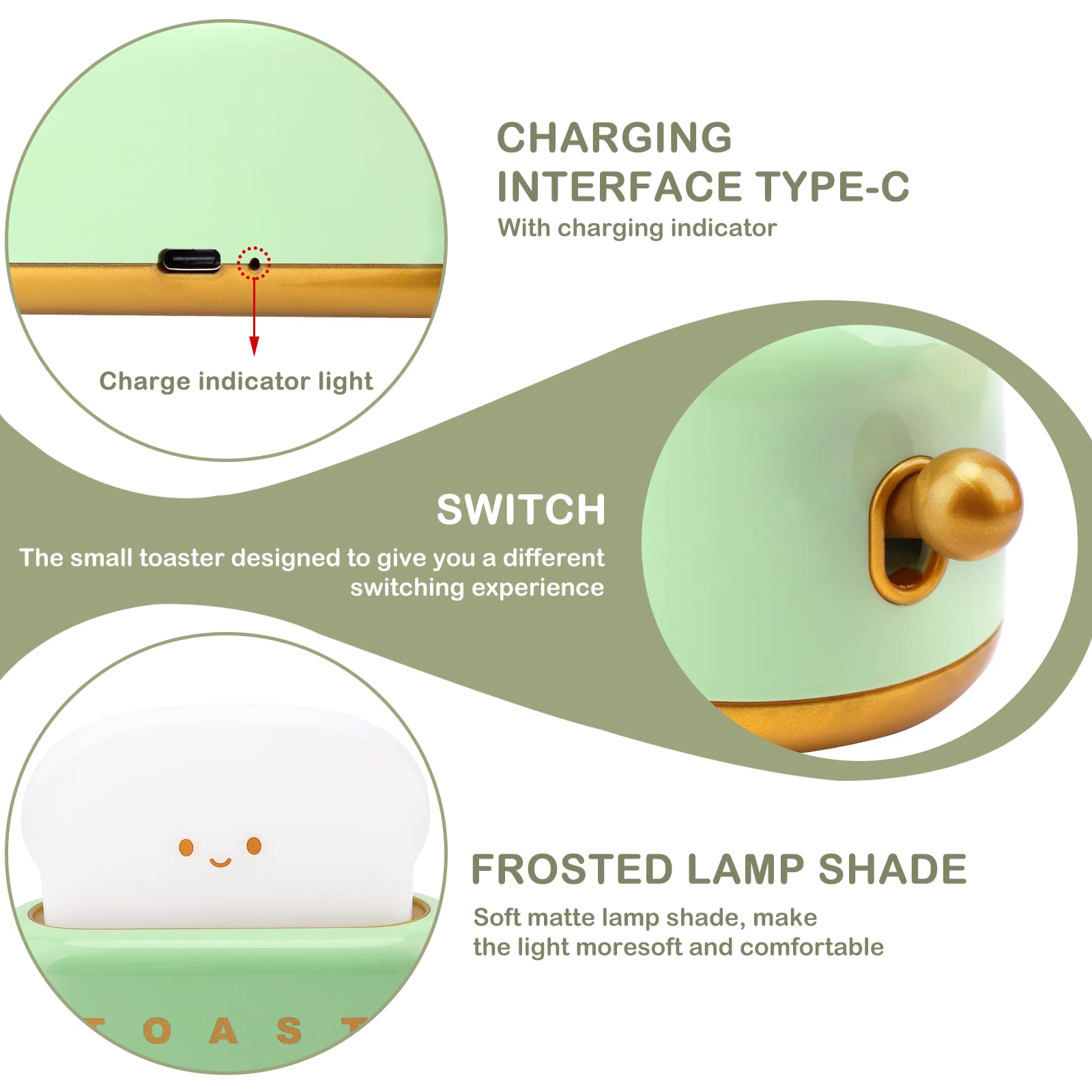 Decor Toaster Night Light Lamp Rechargeable Small Lamps with Smile Face Cute Toast Bread Shape Decor Night Lights for Kids Baby Nursery Green