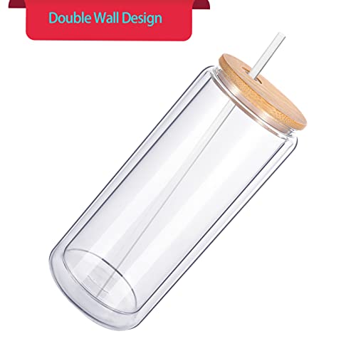 stonechic 6 Pack Pre Drilled Beer Can Glass Blank Double Wall Glass Cans with Bamboo Lid & Glass Straws for Snow Globe Glitter DIY 16oz