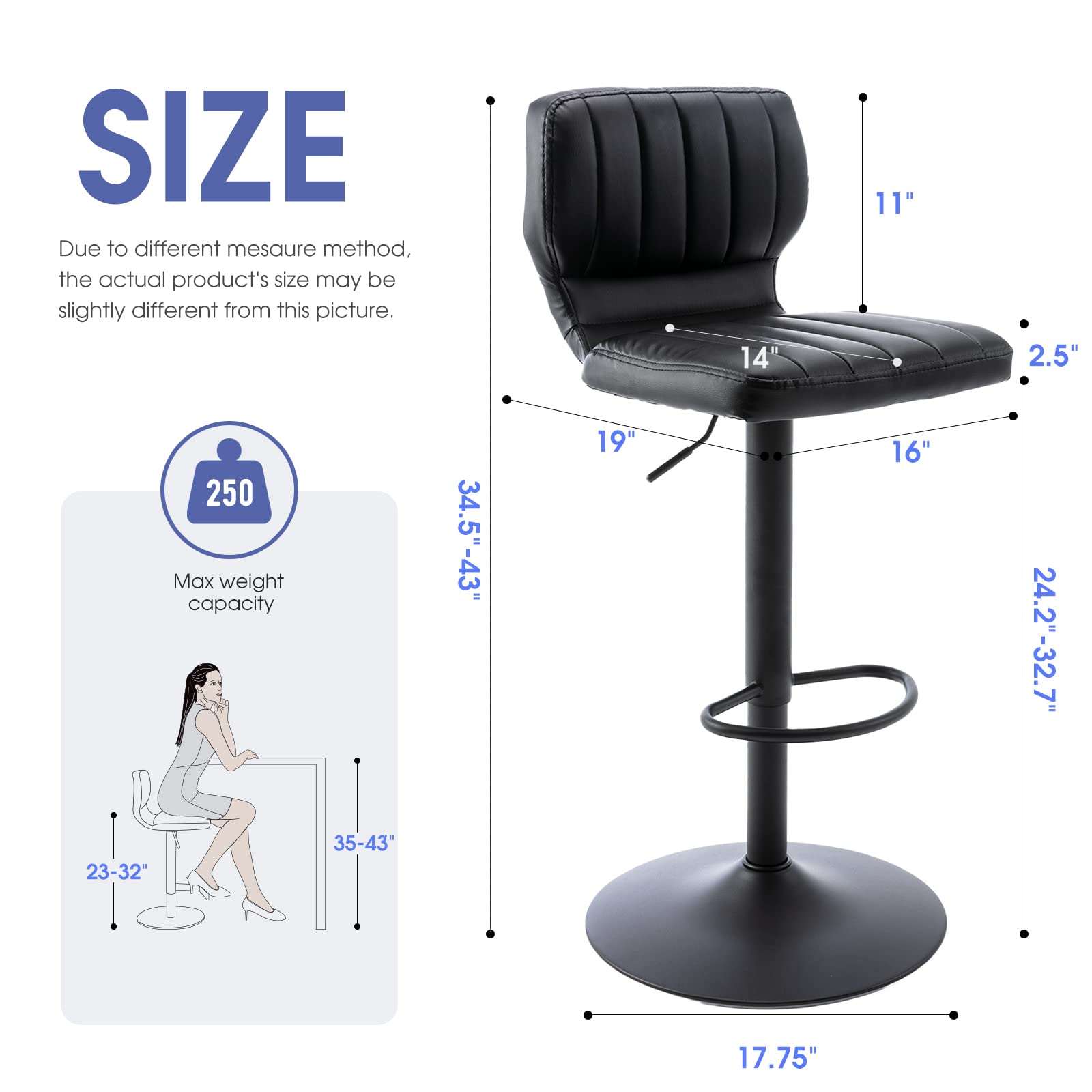 Brage Living Adjustable Bar Stools Set of 2, Modern PU Leather Swivel Barstools with Back, Armless Airlift Counter Height Bar Chairs for Kitchen Dining Pub Cafe (White)