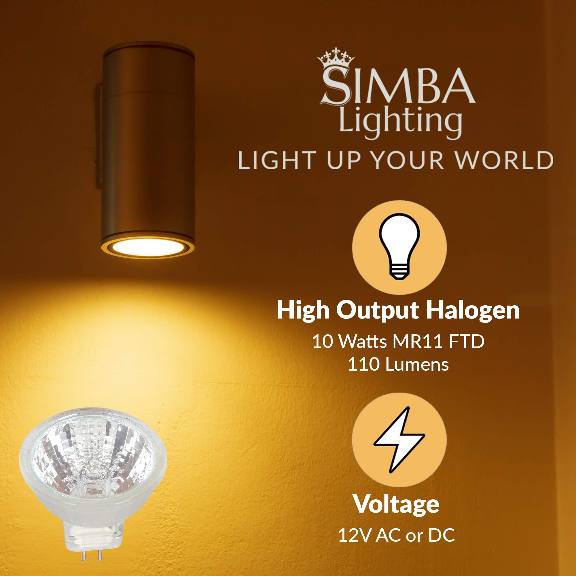 Simba Lighting 10 Watt 12 Volt MR11 Halogen Spotlight Bulbs (6 Pack) 2-Pin 110lm 30° Beam Angle for Accent, Track Light, and Fiber Optics, GU4 Bi-Pin Base, Glass Cover, Warm White 2700K Dimmable