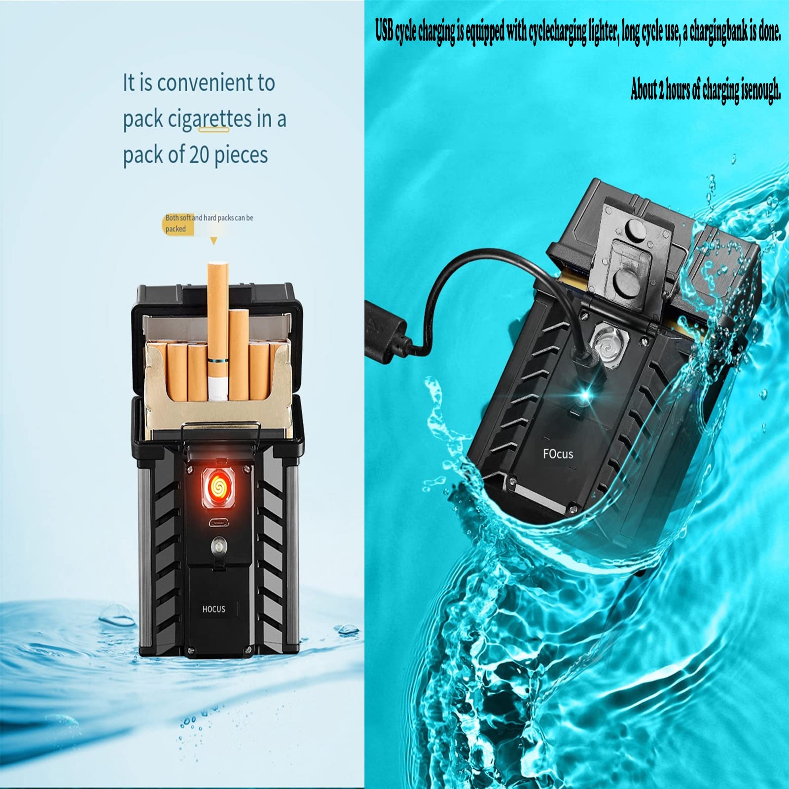 Box for 20 Cigarette Case with Arc Lighter USB Rechargeable, Flameless, Cigarette Case, Windproof,Moisture Proof, Ideal Gift for Smoker
