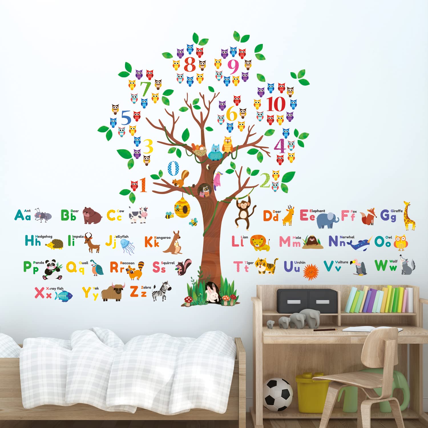 DECOWALL BS-113 Number Tree Alphabet Wall Stickers Kids Decals Nursery Bedroom Peel and Stick Removable Animal Living ABC Classroom