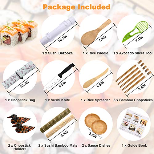 Sushi Making Kit, Sushi Roller Set, All in One Sushi Maker Kit, with Bamboo Rolling Mat, Sushi Bazooka, Chopsticks Holders, Rice Paddle, Avocado Slicer for Beginners, Kids, Family, Friends, Home