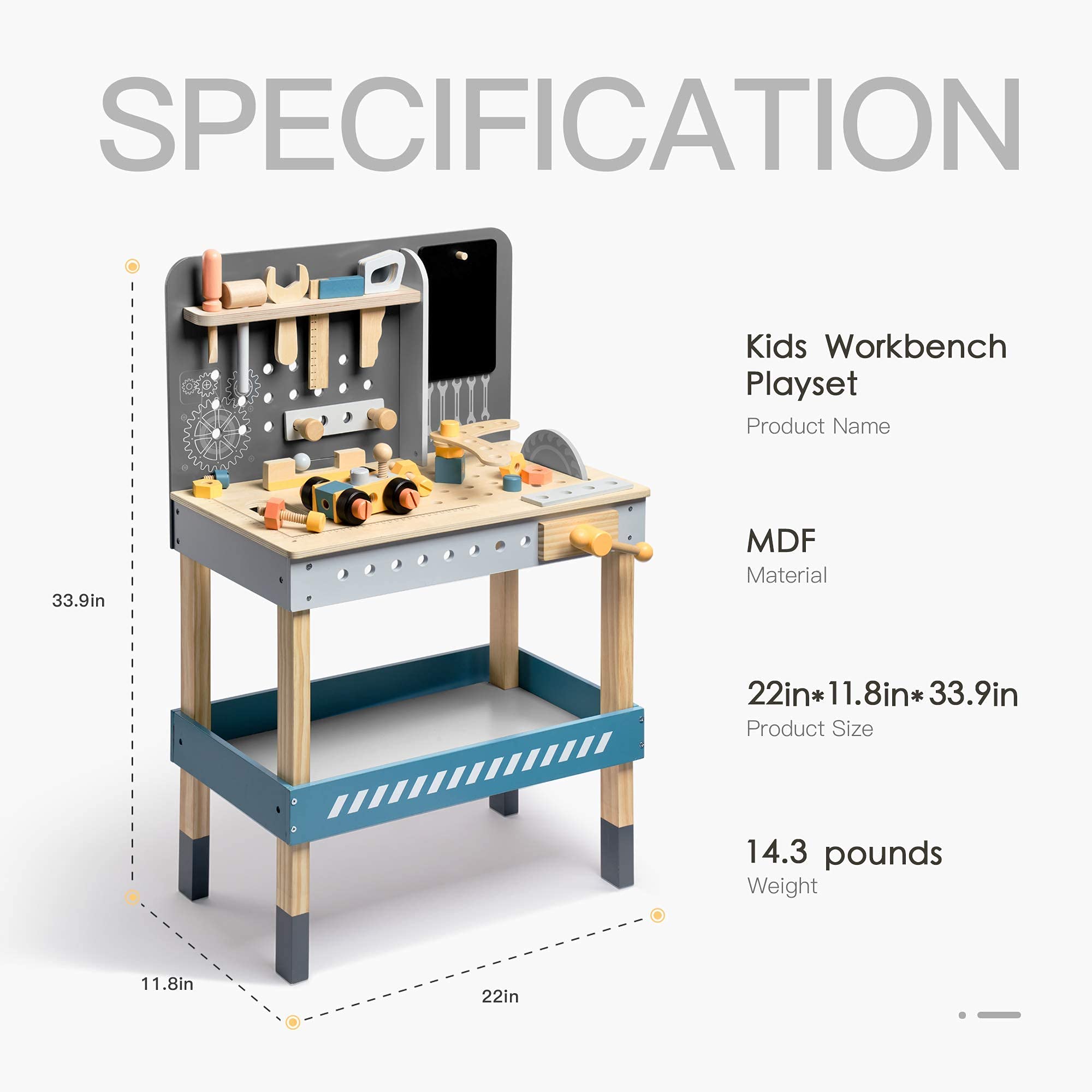 ROBUD Tool Bench Set for Toddlers Wooden Workbench Toy Workshop Construction Tools Bench Creative Pretend Play Toys Education Gift for Kid Boys Girls