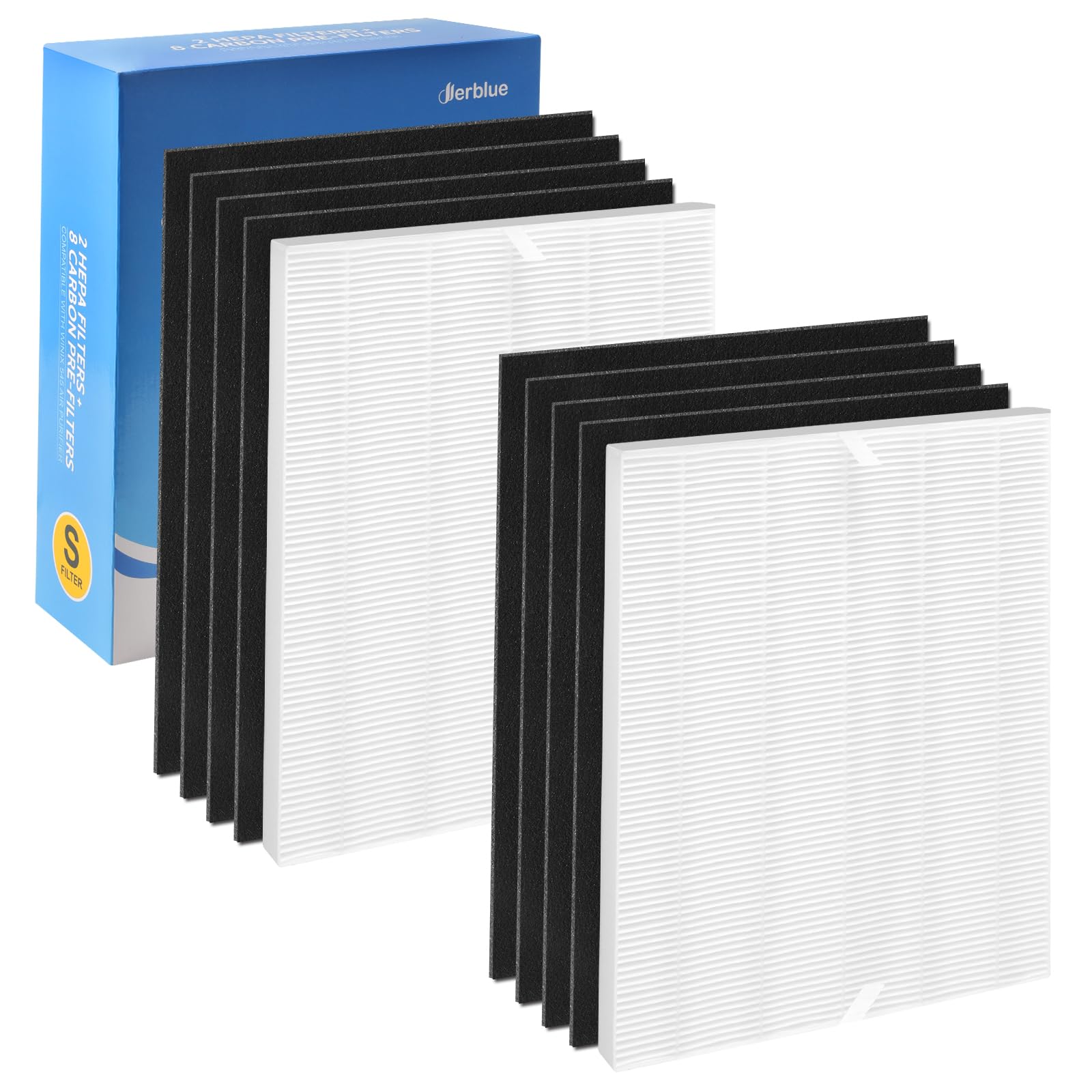 DerBlue 2 Pack C545 True HEPA Filter & 8 Pcs Carbon Pre-Filters Replacement Filter S for Winix C545, True HEPA Filter and Activated Carbon Filter, Part Number 1712-0096-00