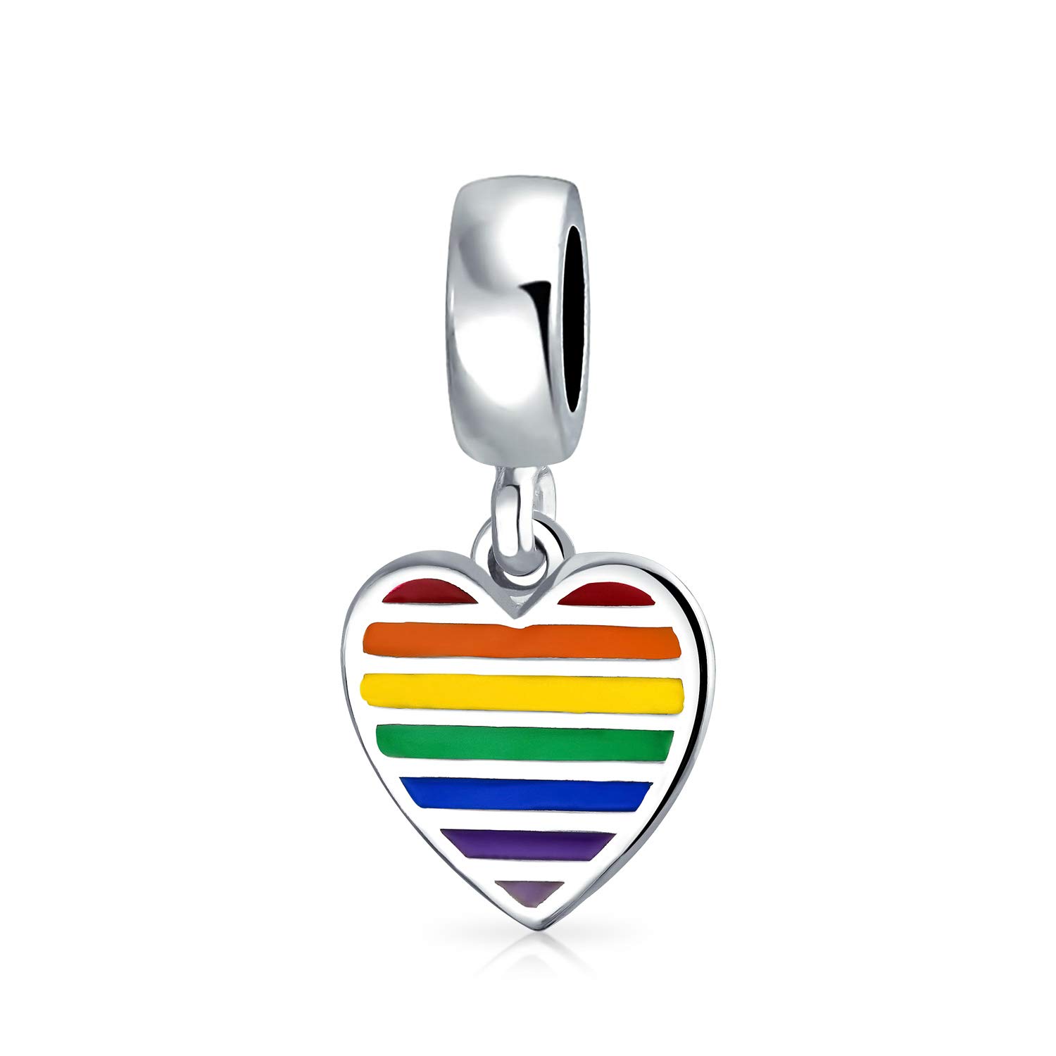 Bling Jewelry Unisex .925 Sterling Silver Inspiration LGBTQ Rights Symbol Rainbow Disc Tag Heart Dangle Bead Charm Personalized Engraved