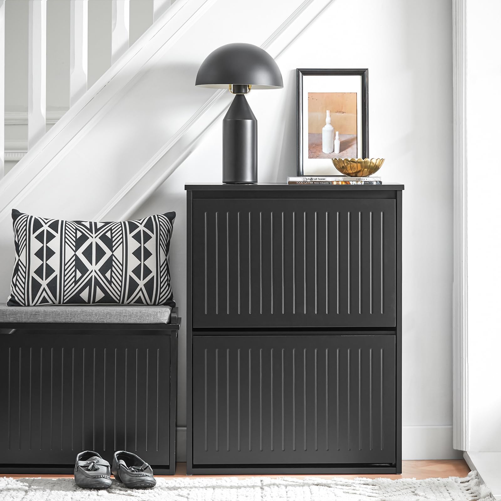 Haotian Shoe Storage Cabinet with 2 Flip-Drawers, Freestanding Shoe Organizer for Entryway, Narrow Hallway Shoe Rack, Black