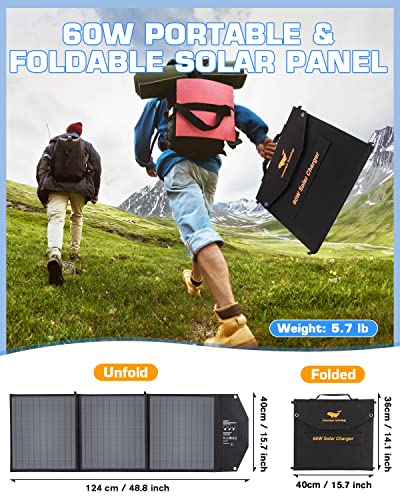 Ecosonique Foldable Solar Panel 60W with Adjustable Kickstand, Portable Solar Panel for Power Station, 18V Folding Solar Charge with 2 USB Outputs for RV Laptops Solar Generator Van Camping Off-Grid