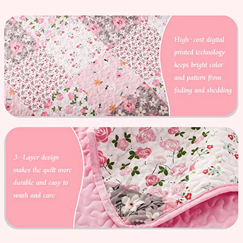 Whale Flotilla 3-Piece Printed Queen Size Quilt Bedding Set with 2 Pillow Shams Lightweight Reversible Bedspreads Coverlet Set for All Season, Pink